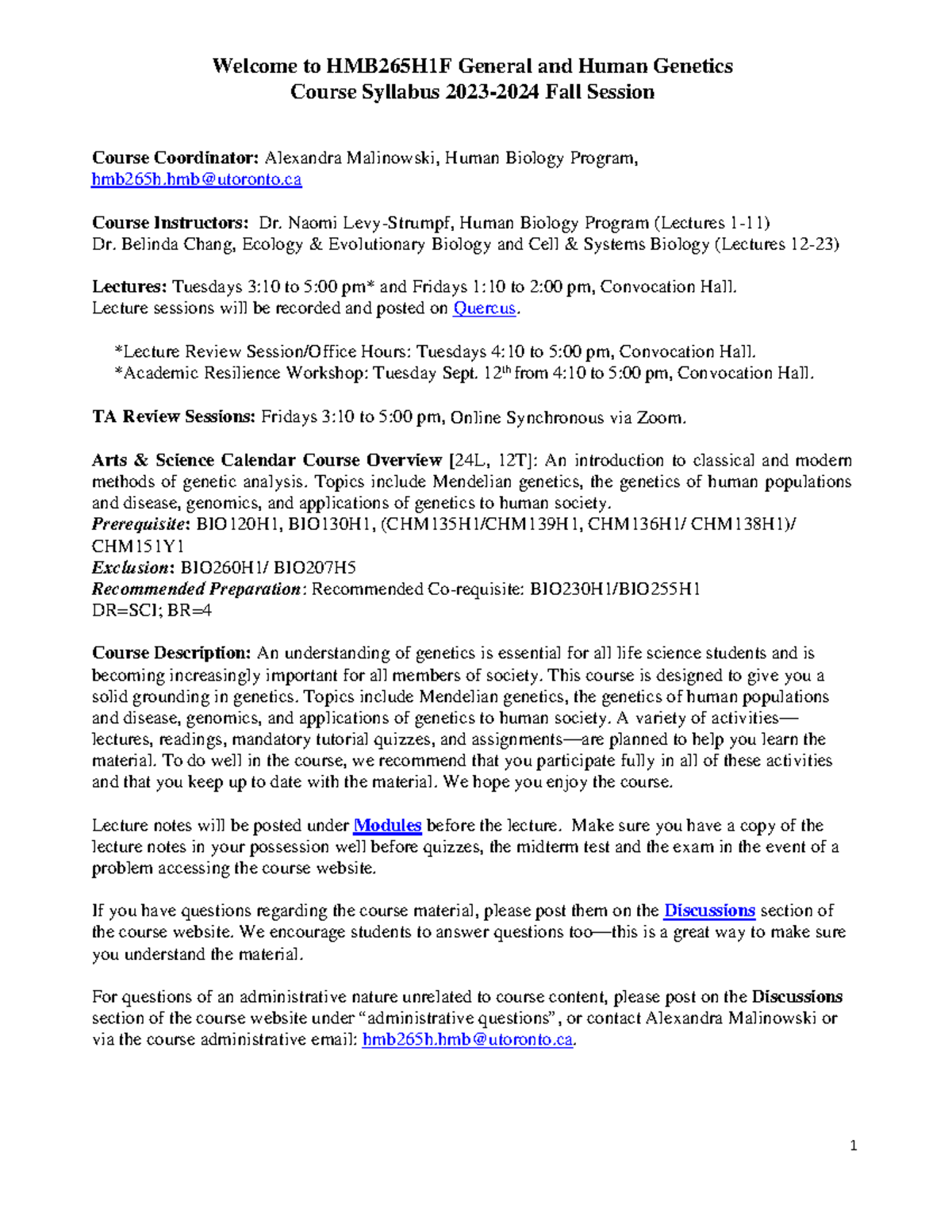 HMB265H1F Course Syllabus Fall 2023 - Welcome to HMB265H1F General and ...