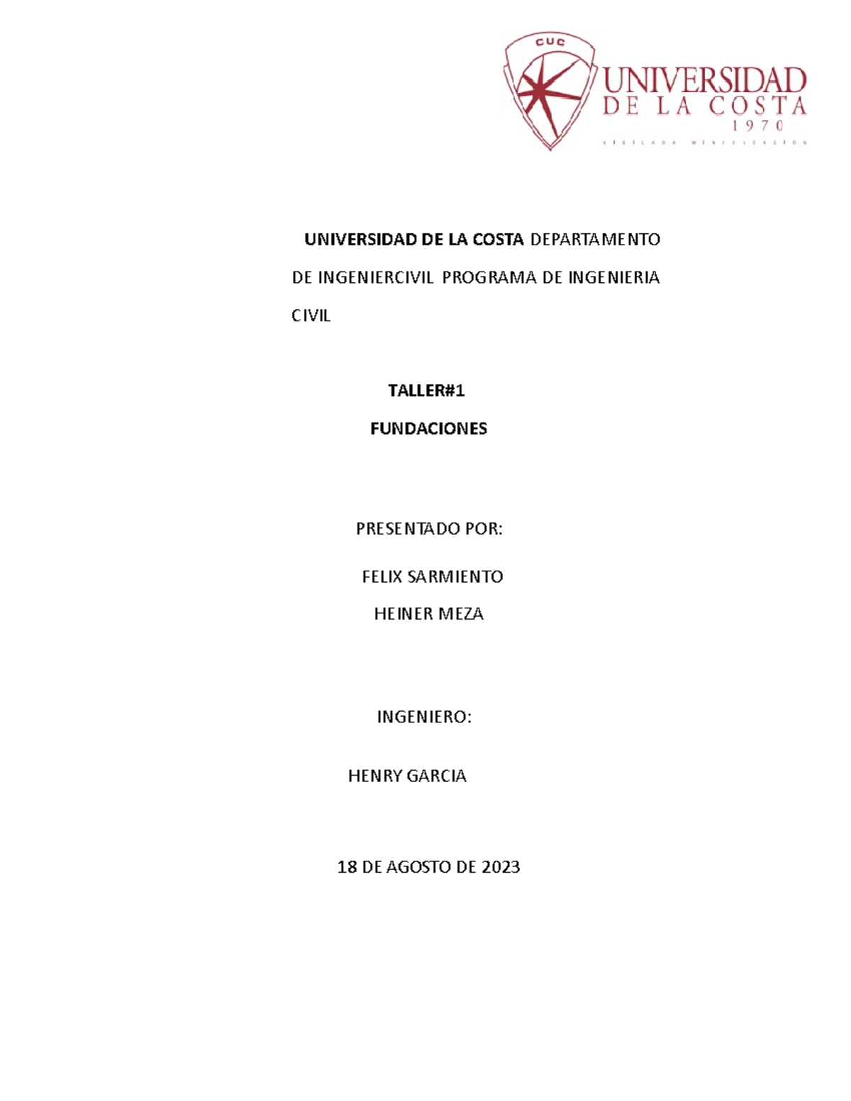 Taller Extructura - ghhgh - UNIVERSIDAD DE LA COSTA DEPARTAMENTO DE ...