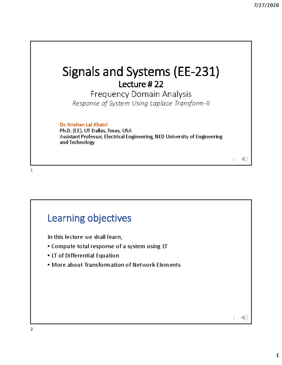 Sn S Handouts W8 L1 - Signals and Systems (EE- 231 ) Lecture # 22 Frequency Domain Analysis ...