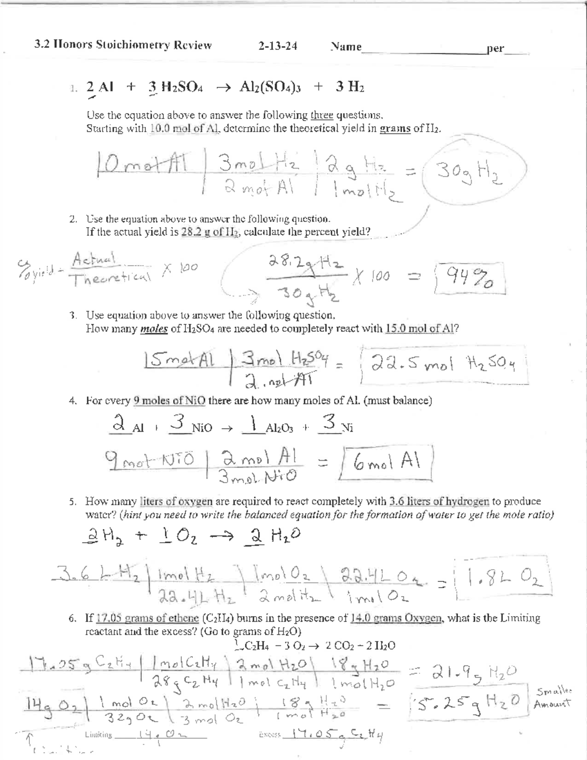 Honors Stoichiometry Review Key - Studocu