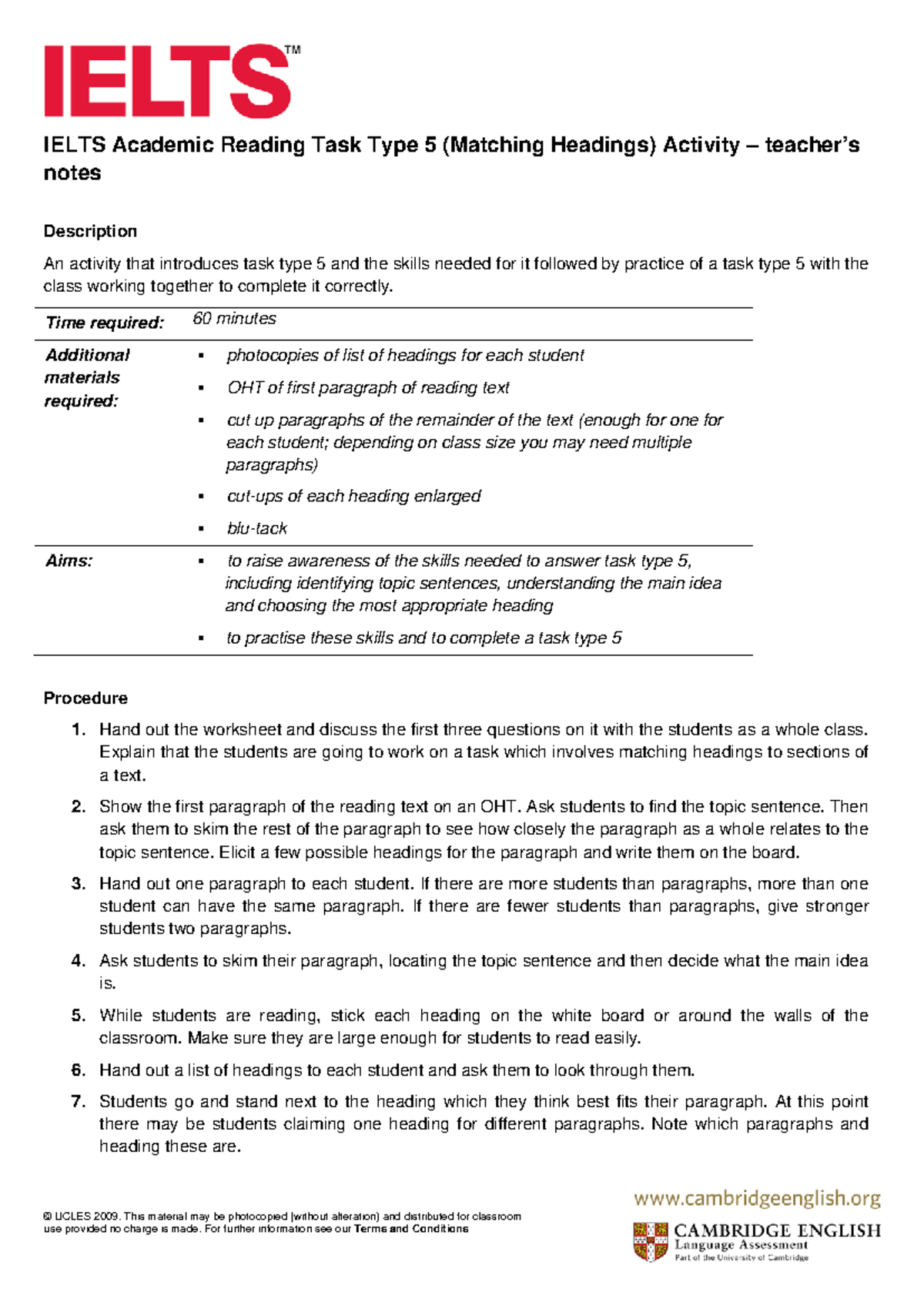 Ielts academic reading task type 5 matching headings activity - © UCLES ...