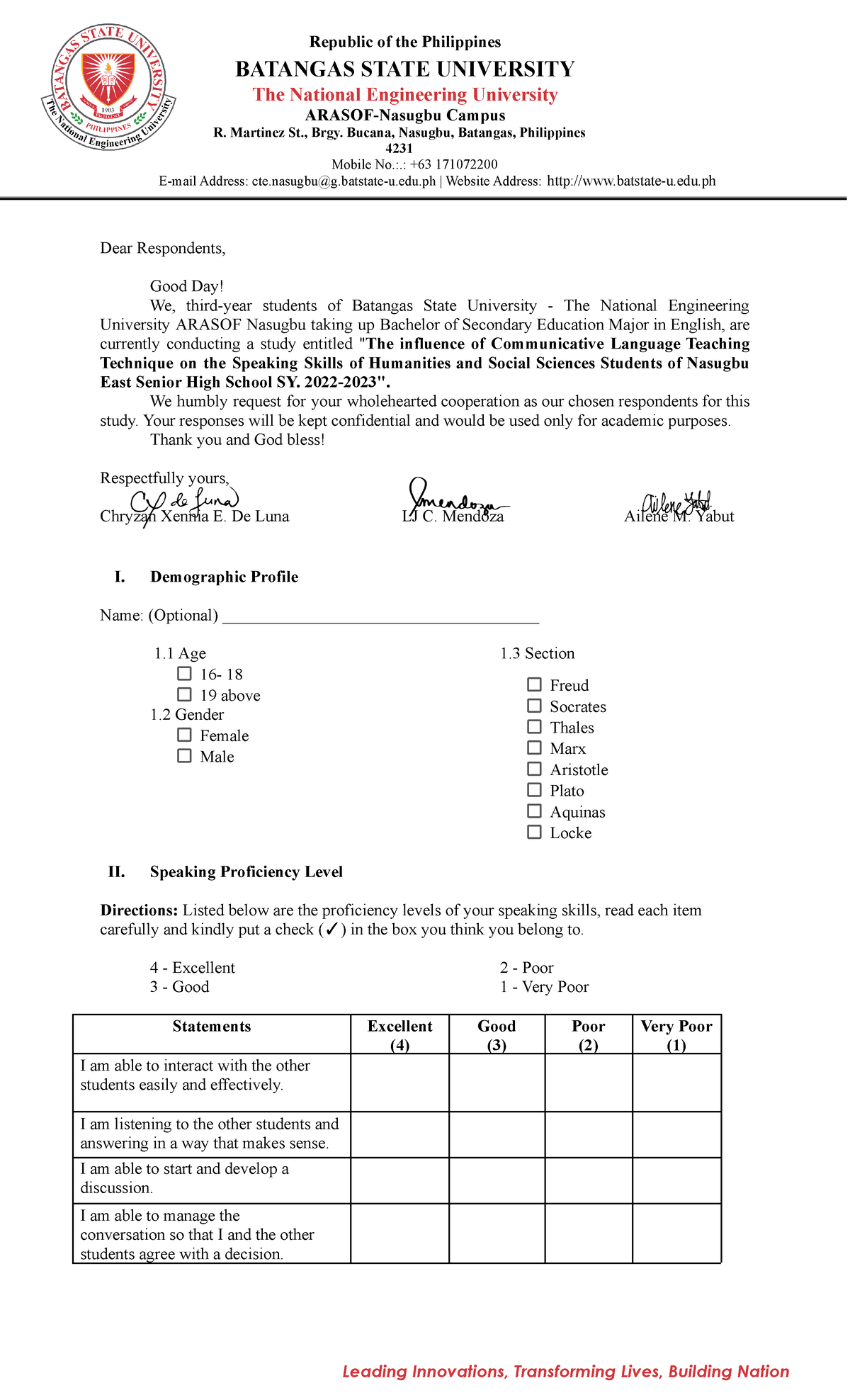 Survey questionnaire for respondents - Republic of the Philippines ...