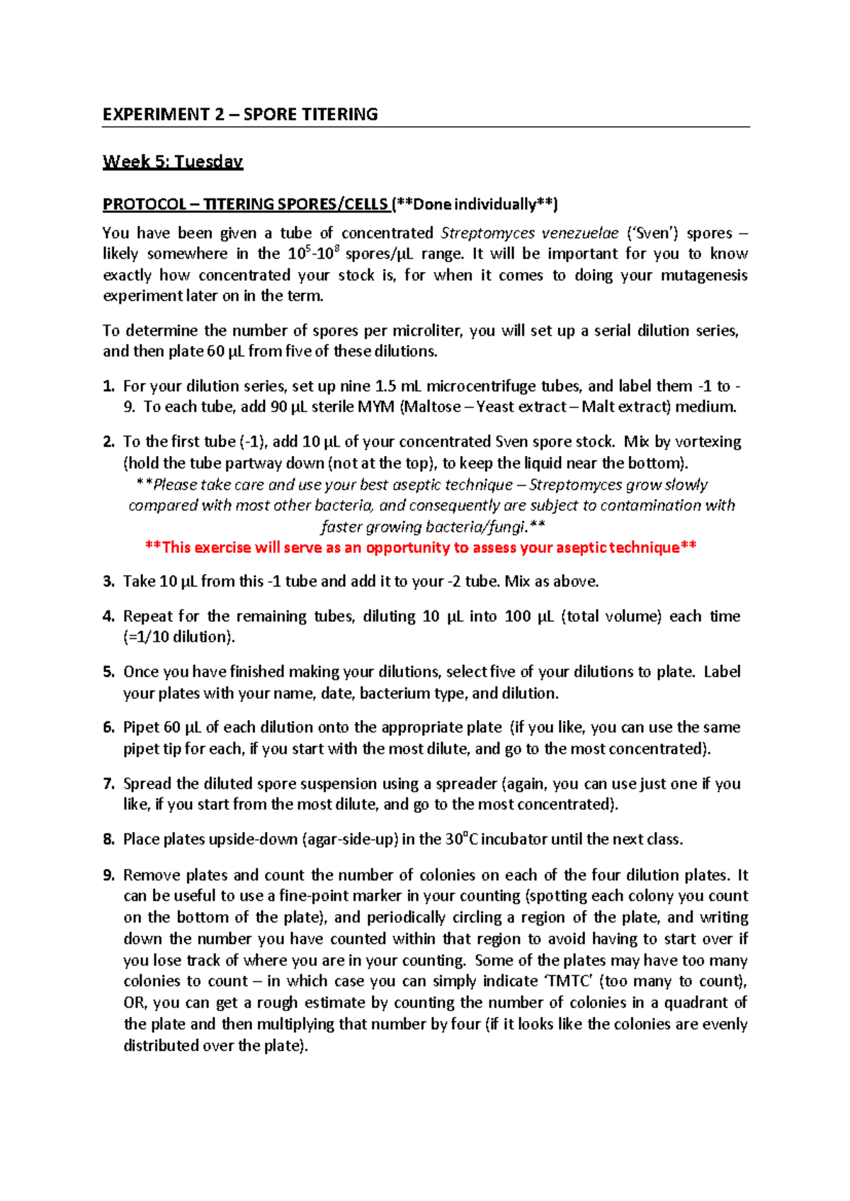 Experiment 2 - Spore titering - Warning: TT: undefined function: 32 ...