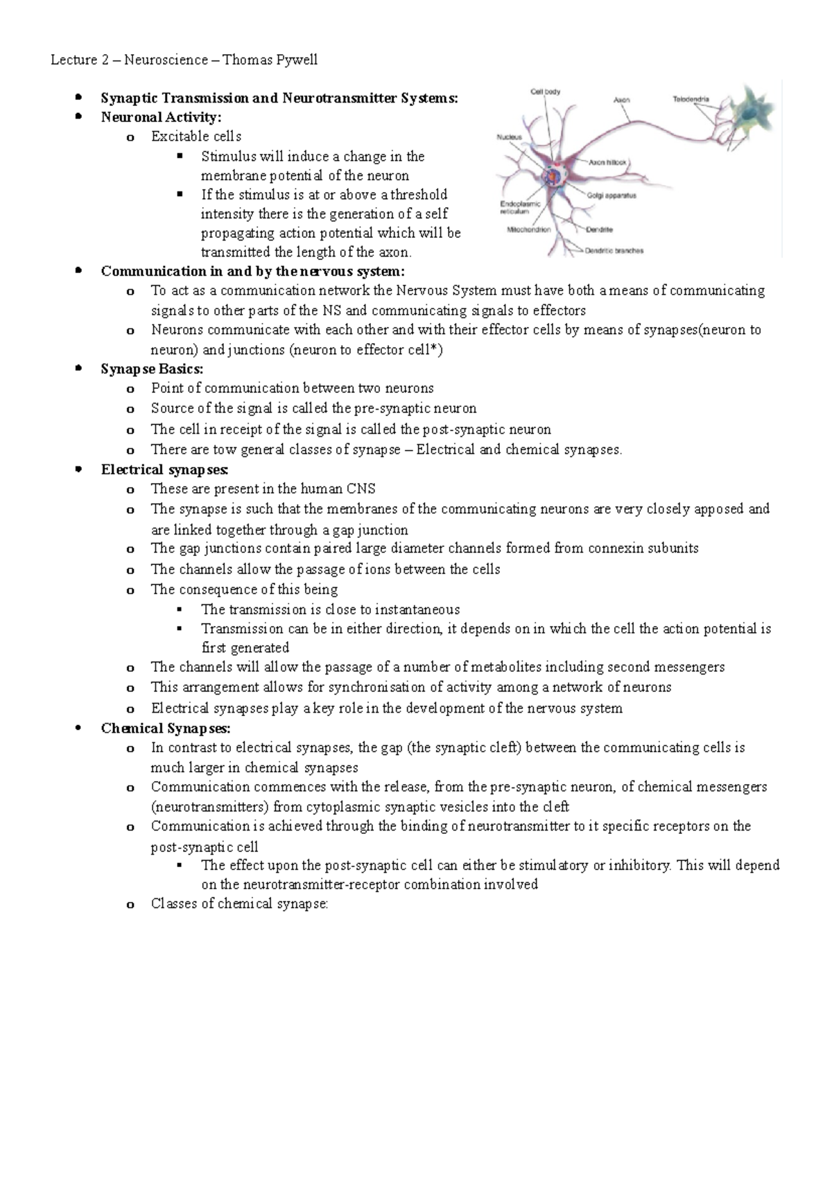 Lecture 2 - Neuroscience - Lecture 2 – Neuroscience – Thomas Pywell ...