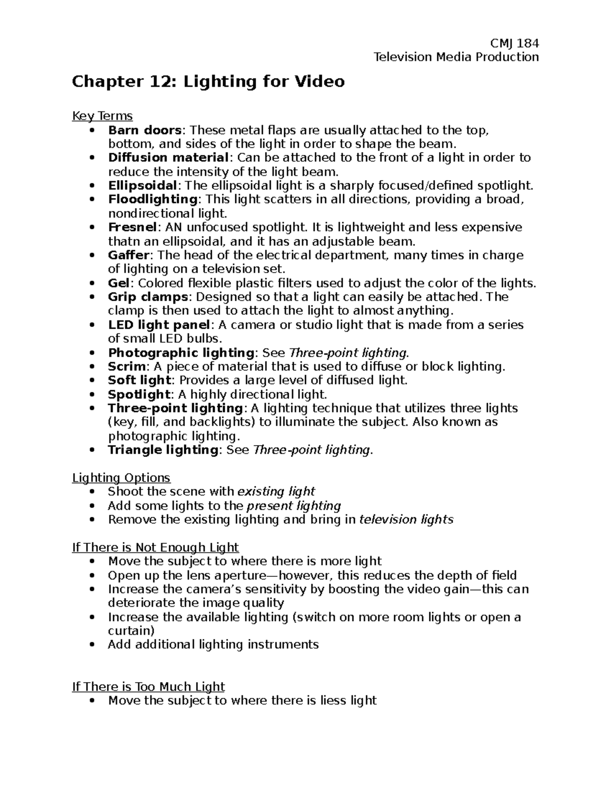 Chapter 12- Lighting for Video - CMJ 184 Television Media Production ...