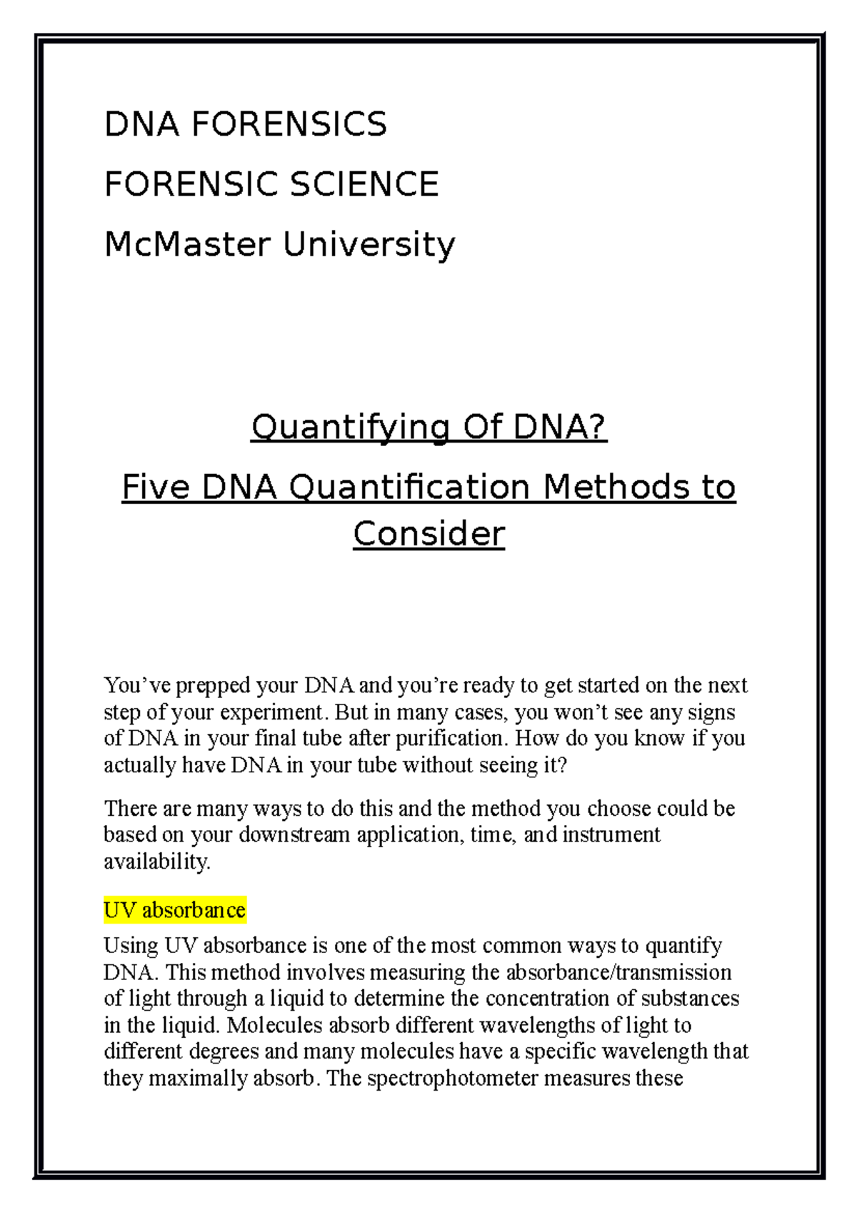 Dna forensics quantitation methods discussion - DNA FORENSICS FORENSIC SCIENCE McMaster ...