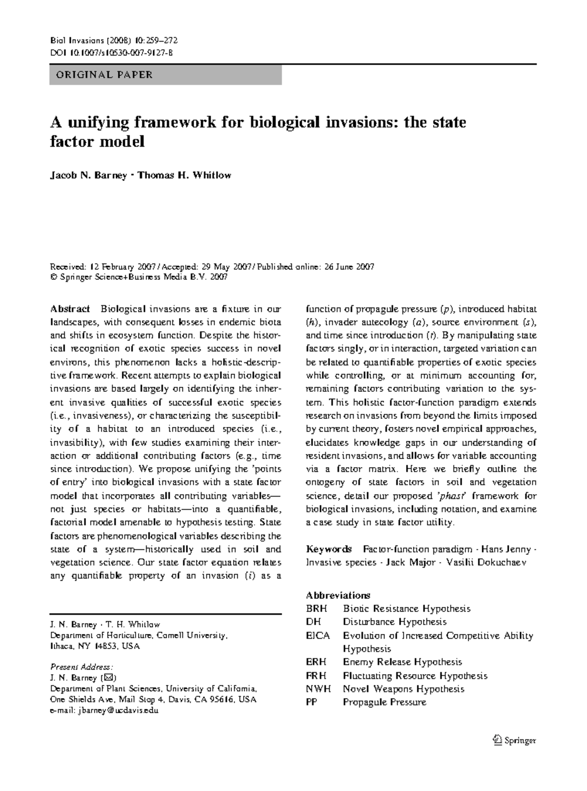Framework biological invasion - ORIGINAL PAPER A unifying framework for biological invasions ...