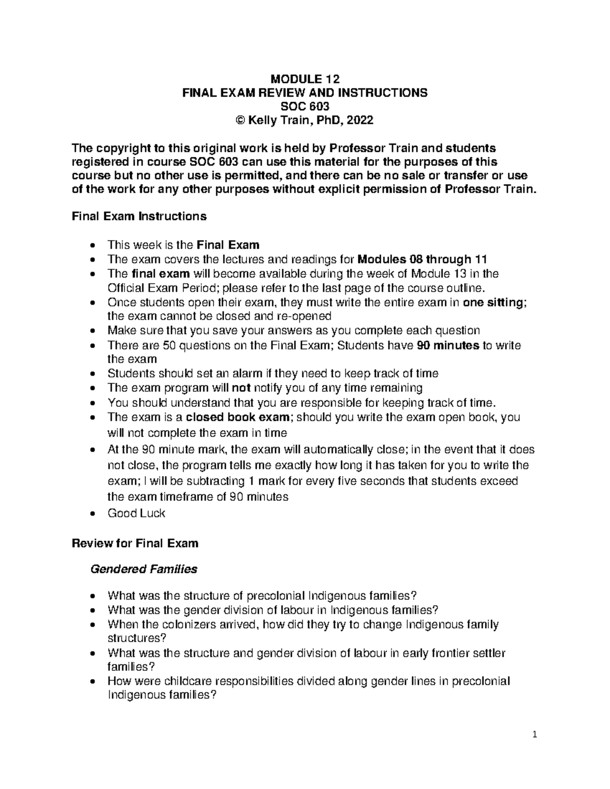 SOC603 Module 12 Final Exam Review and Instructions - MODULE 12 FINAL ...