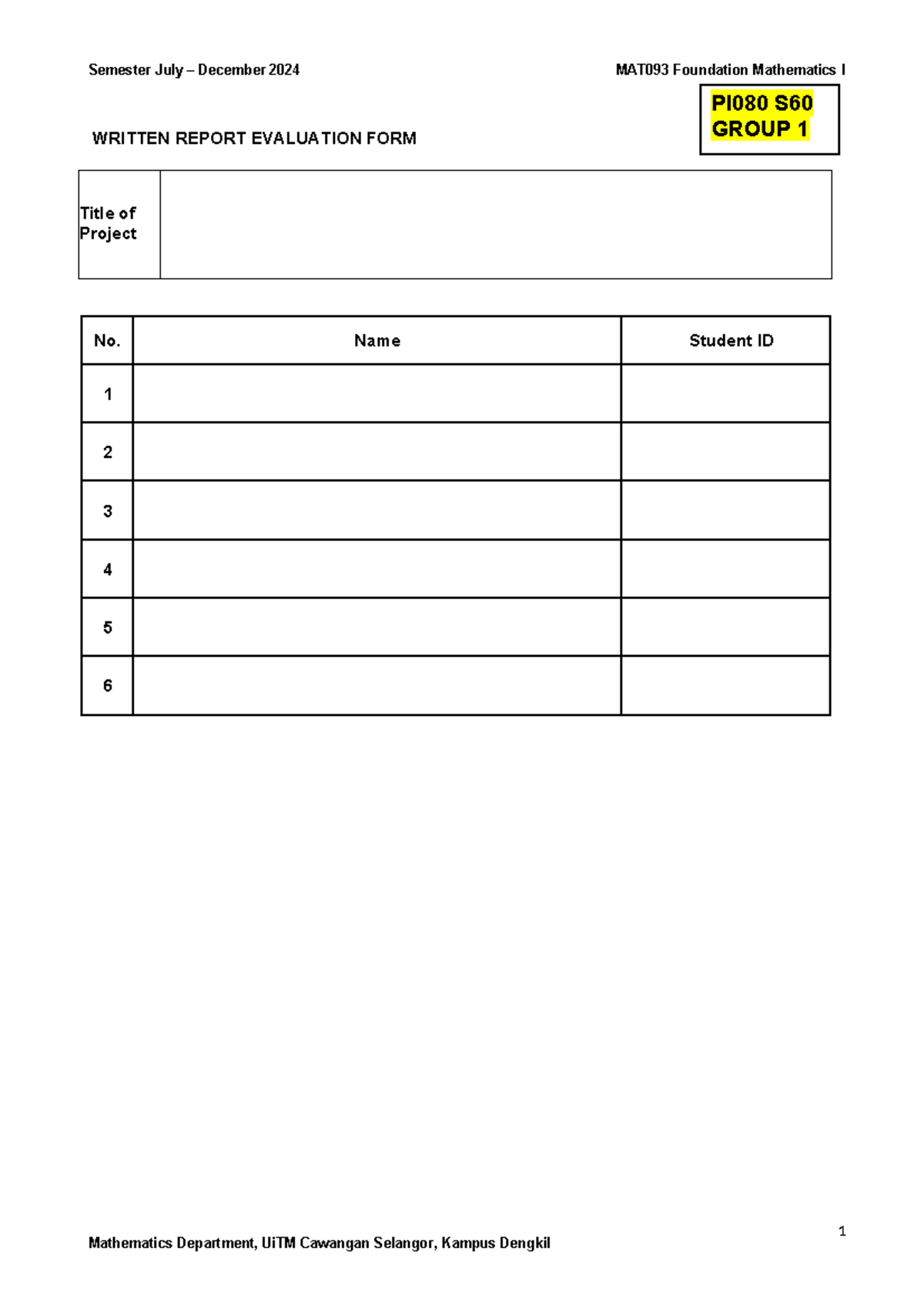 MAT093 2024 - Written Report Evaluation Form - Mathematics Department ...