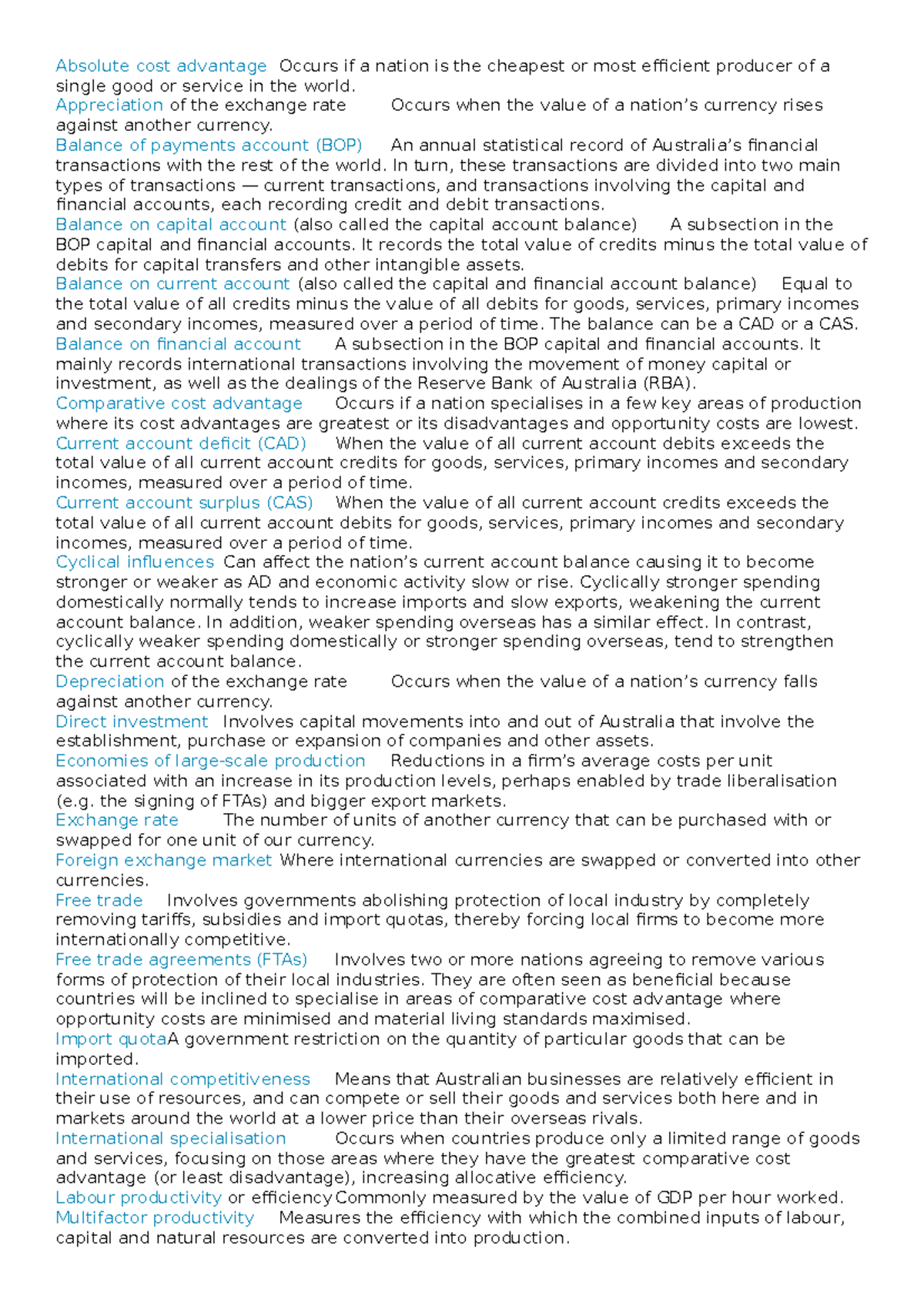 Economics Definitions Unit 3 AOS 3 - Absolute cost advantage Occurs if ...