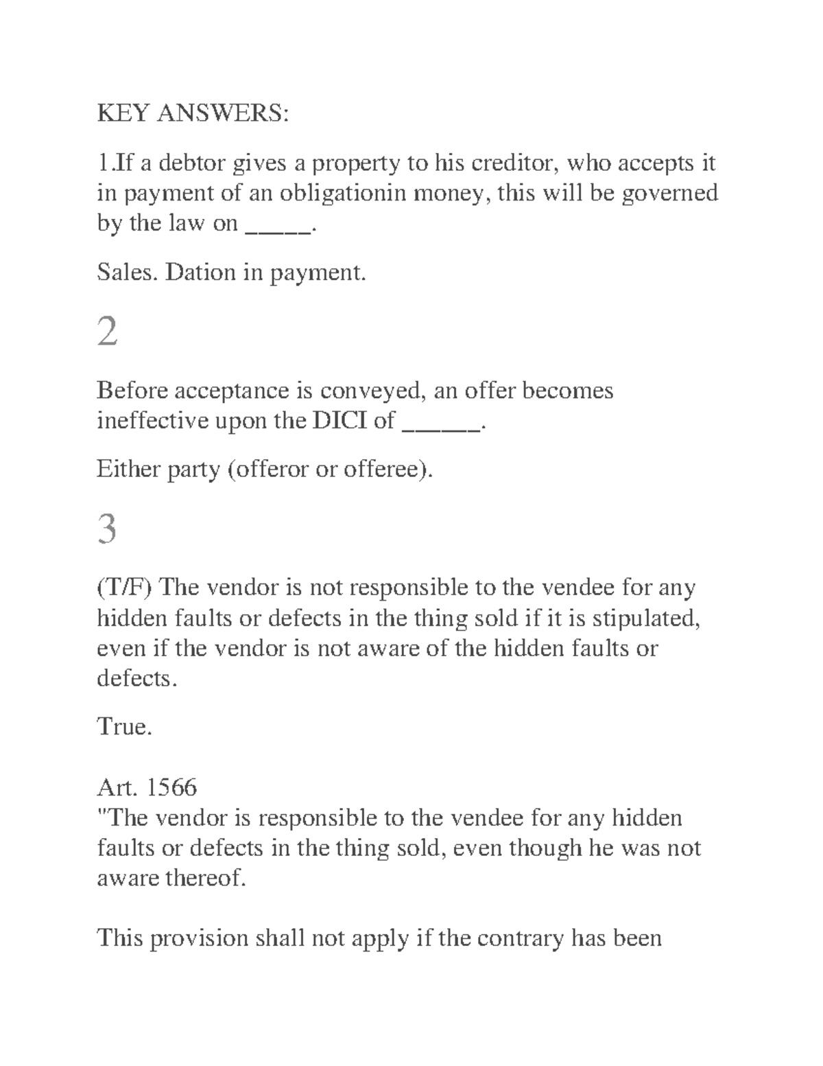 LAW Answer KEY ANSWERS 1 A Debtor Gives A Property To His Creditor law-answer-key-answers-1-a-debtor-gives-a-property-to-his-creditor