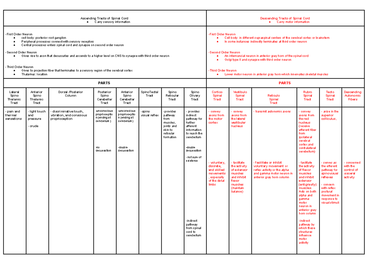 Spinal-Cord-Table - Summary adult physical dysfunction - Ascending Tracts of Spinal Cord Carry ...