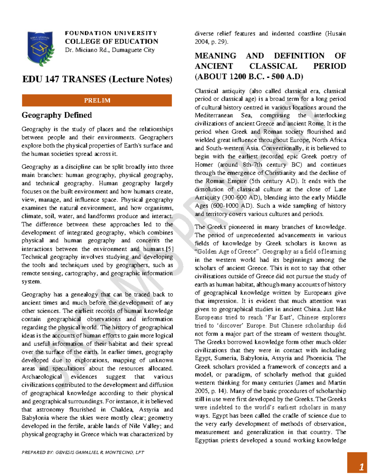 EDU 147 Transes ( Prelim Lecture Notes) - PREPARED BY: GENESIS GAMALIEL ...