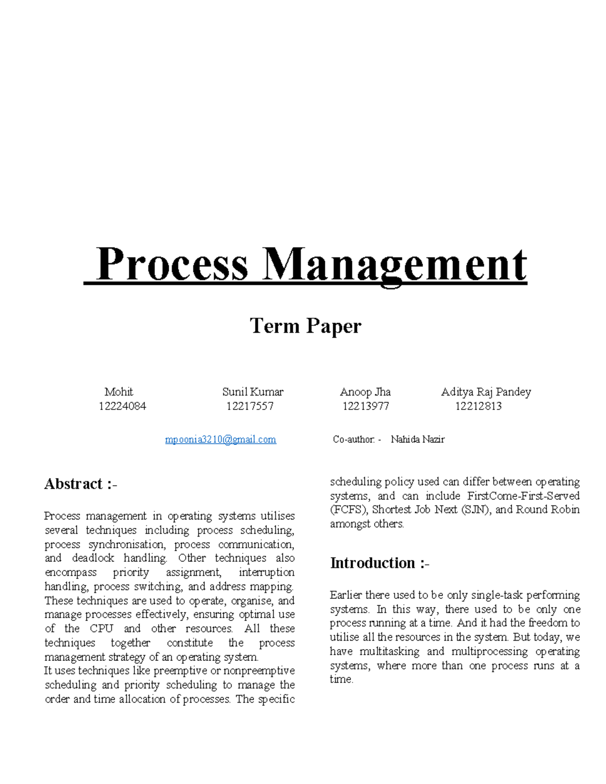 OS term paper on Process Management - Process Management Term Paper Mohit Sunil Kumar Anoop Jha ...