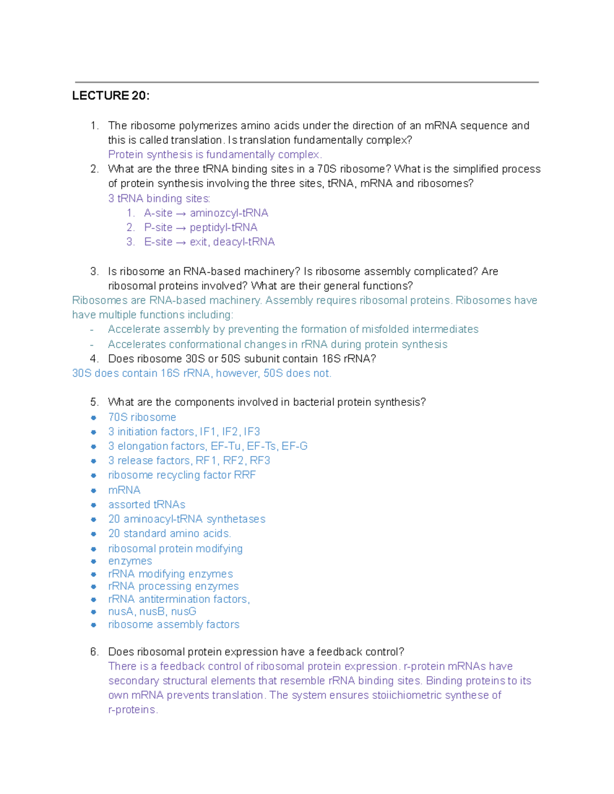 CMB 311 Lectures 20-24 - Google Docs - LECTURE 20: The ribosome polymerizes amino acids under ...