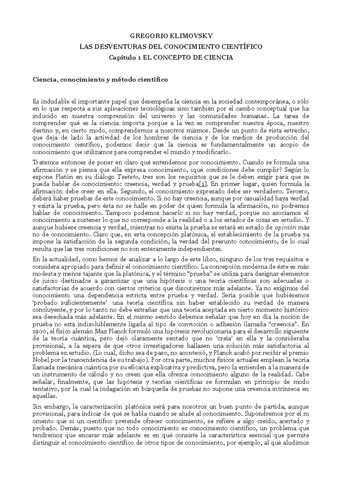Klimovsky Capítulo 1 - ReSumen - GREGORIO KLIMOVSKY LAS DESVENTURAS DEL CONOCIMIENTO CIENTÍFICO ...