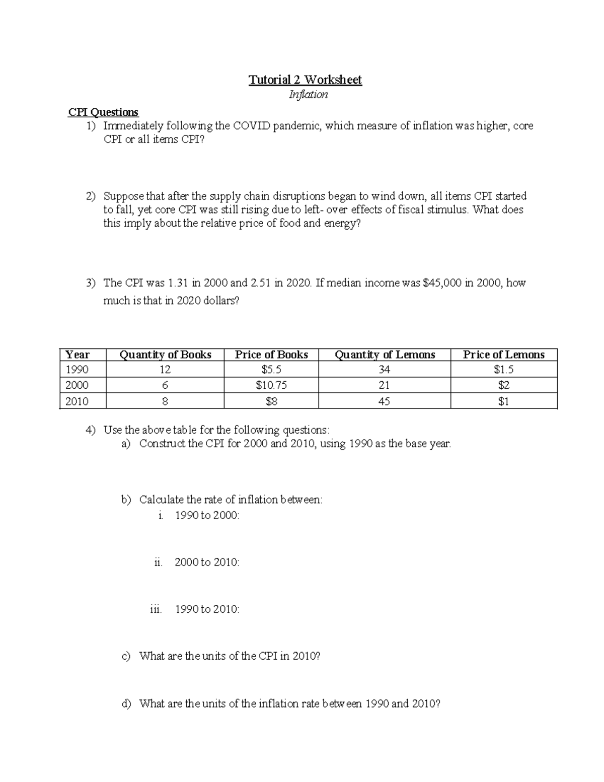 Tutorial 2 - Inflation - Assignments - Tutorial 2 Worksheet Inflation ...