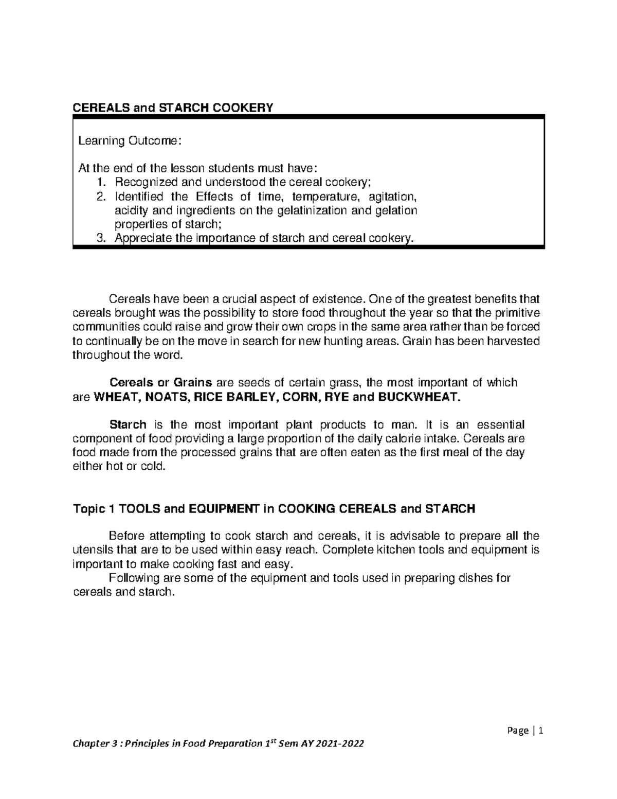 Chapter 3- Starch and Cereal Coookery - Page | 1 CEREALS and STARCH ...