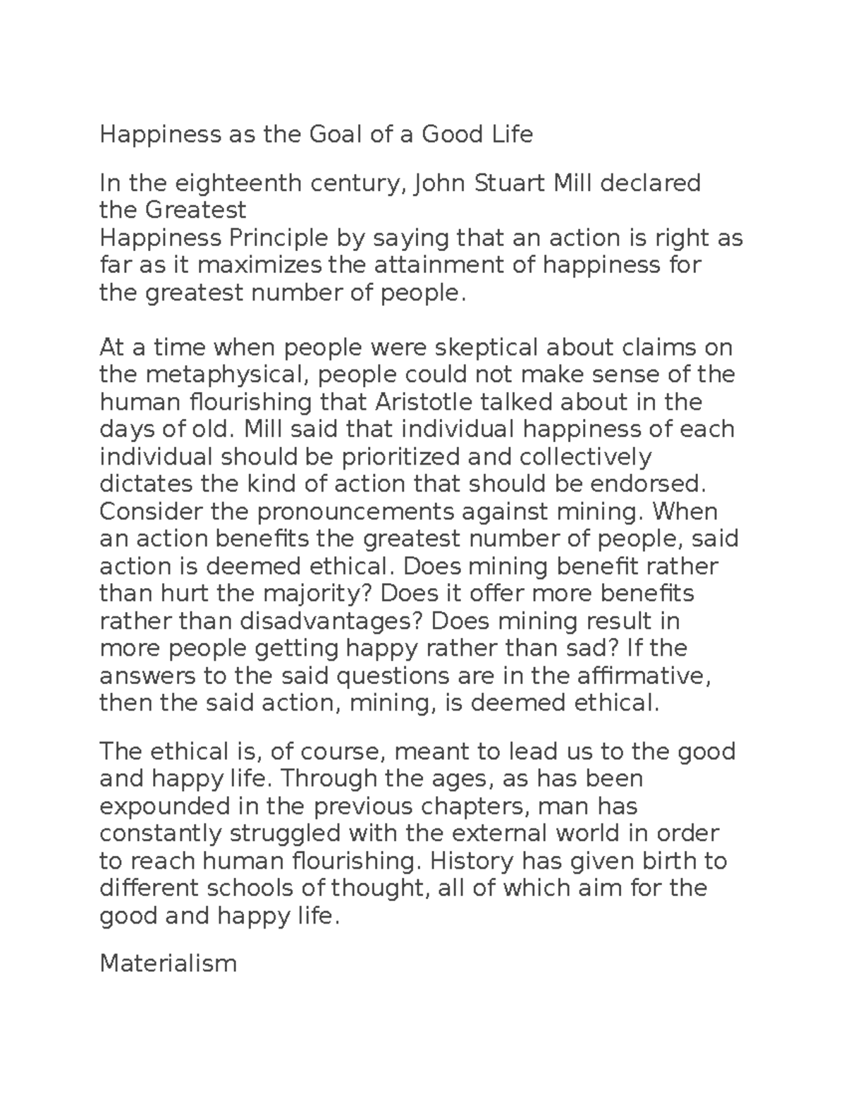 Sts report from book - STS - Happiness as the Goal of a Good Life In ...