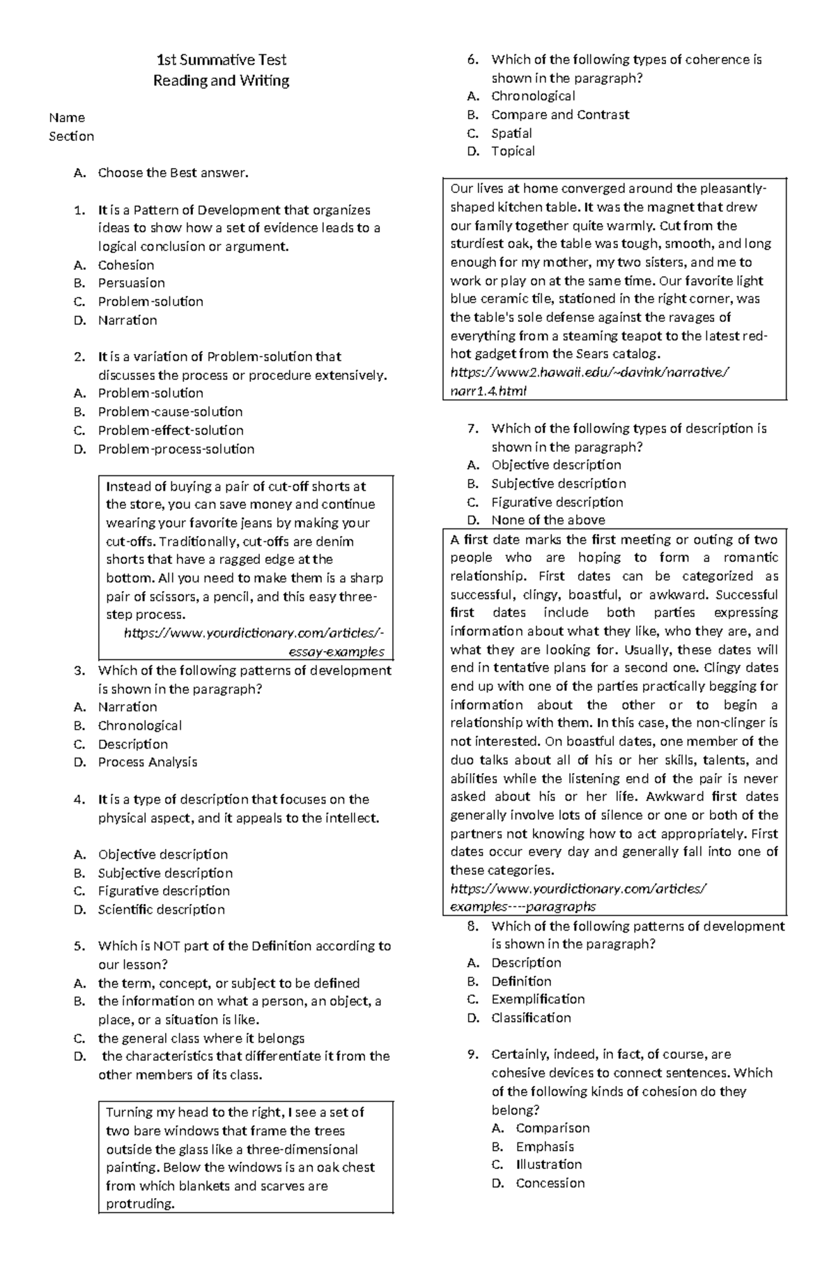1st Summative Test-G11 - 1st Summative Test Reading and Writing Name ...