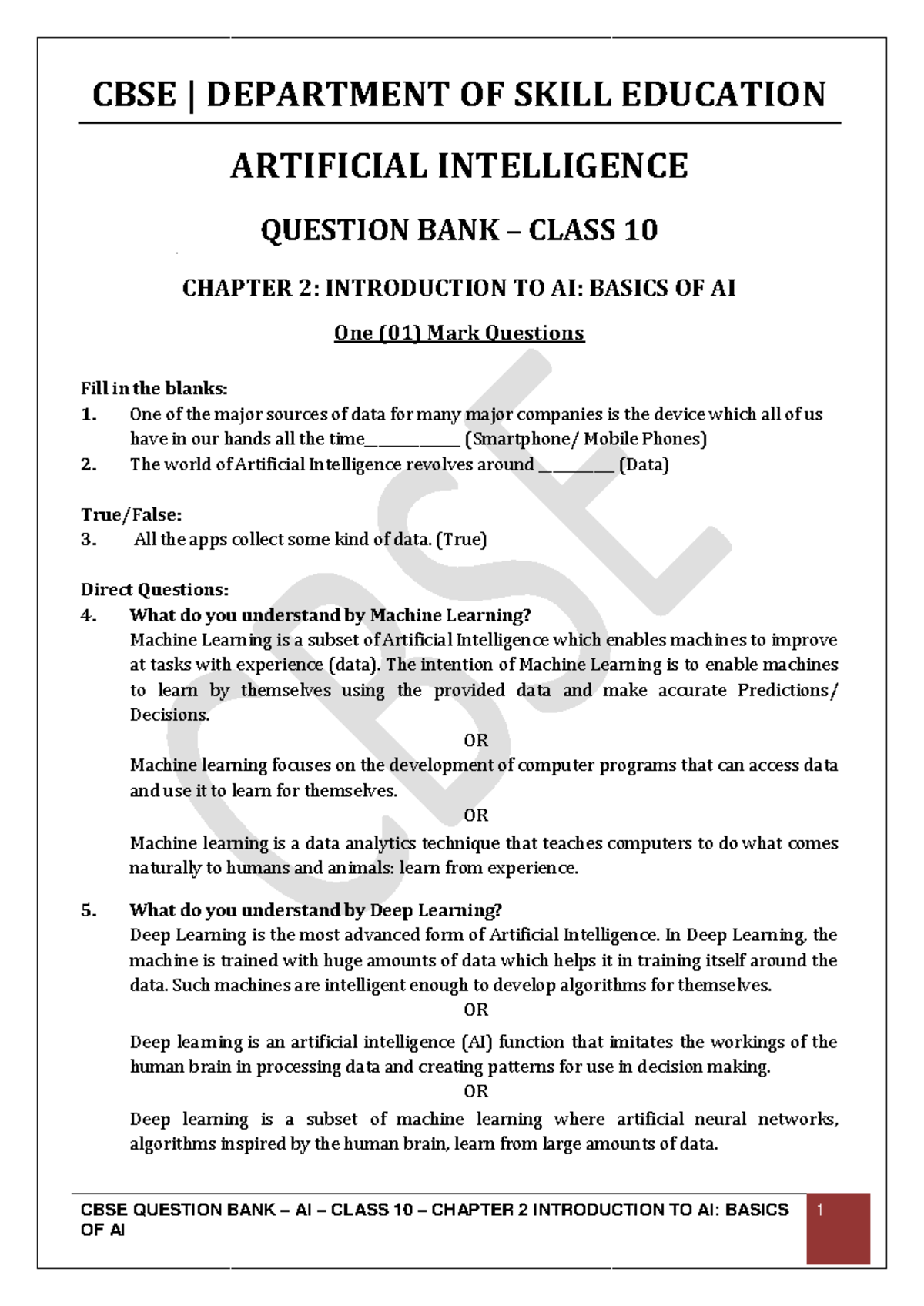 Basics of AI - sadfsaf - CBSE QUESTION BANK – AI – CLASS 10 – CHAPTER 2 INTRODUCTION TO AI ...
