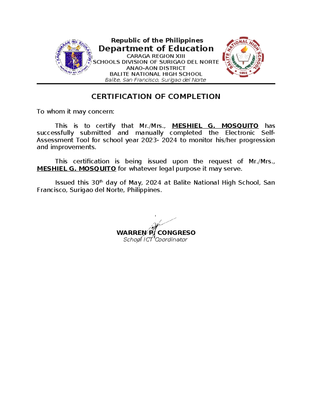 ESAT-Certification - esat - Republic of the Philippines Department of ...