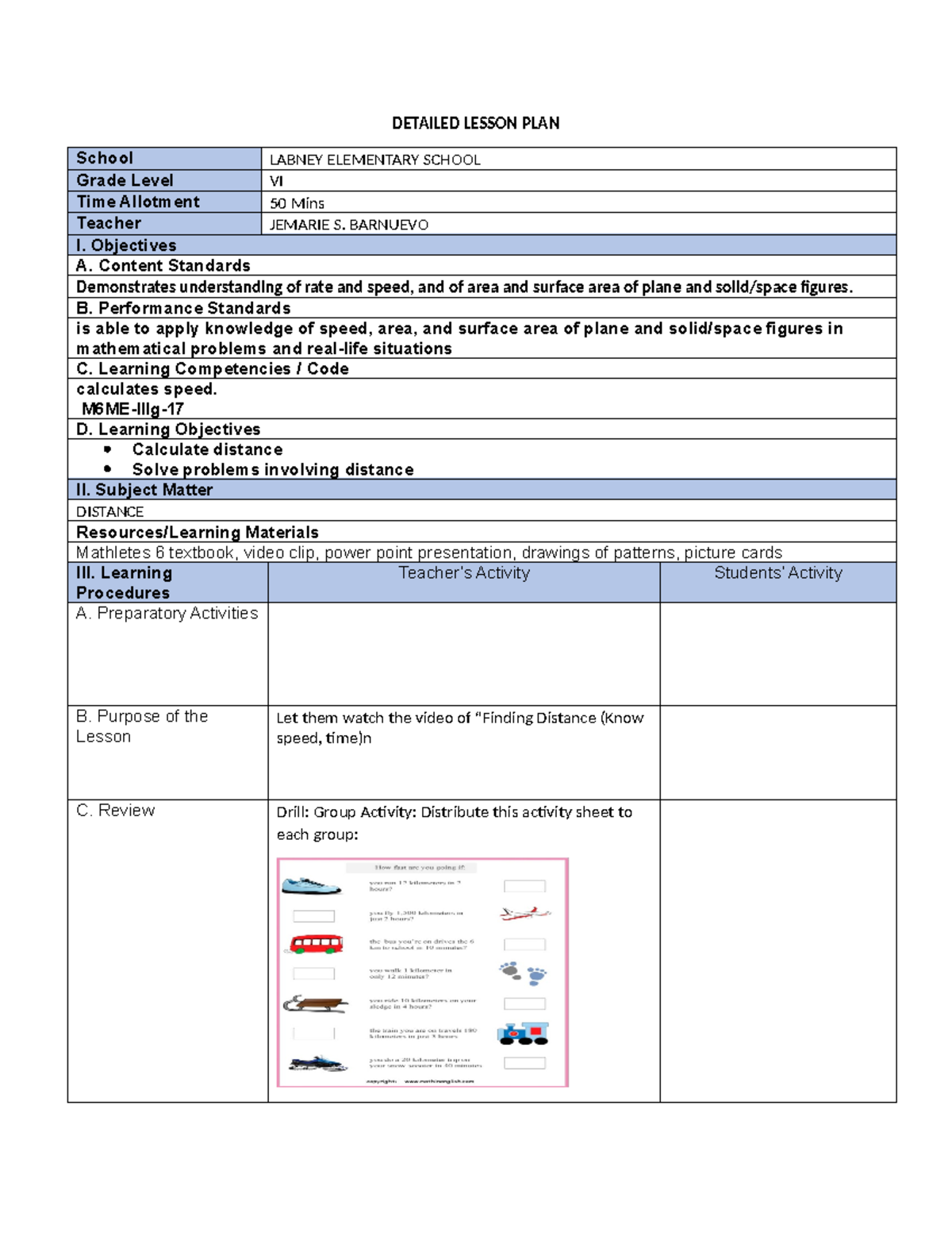 Distance - DETAILED LESSON PLAN School LABNEY ELEMENTARY SCHOOL Grade ...