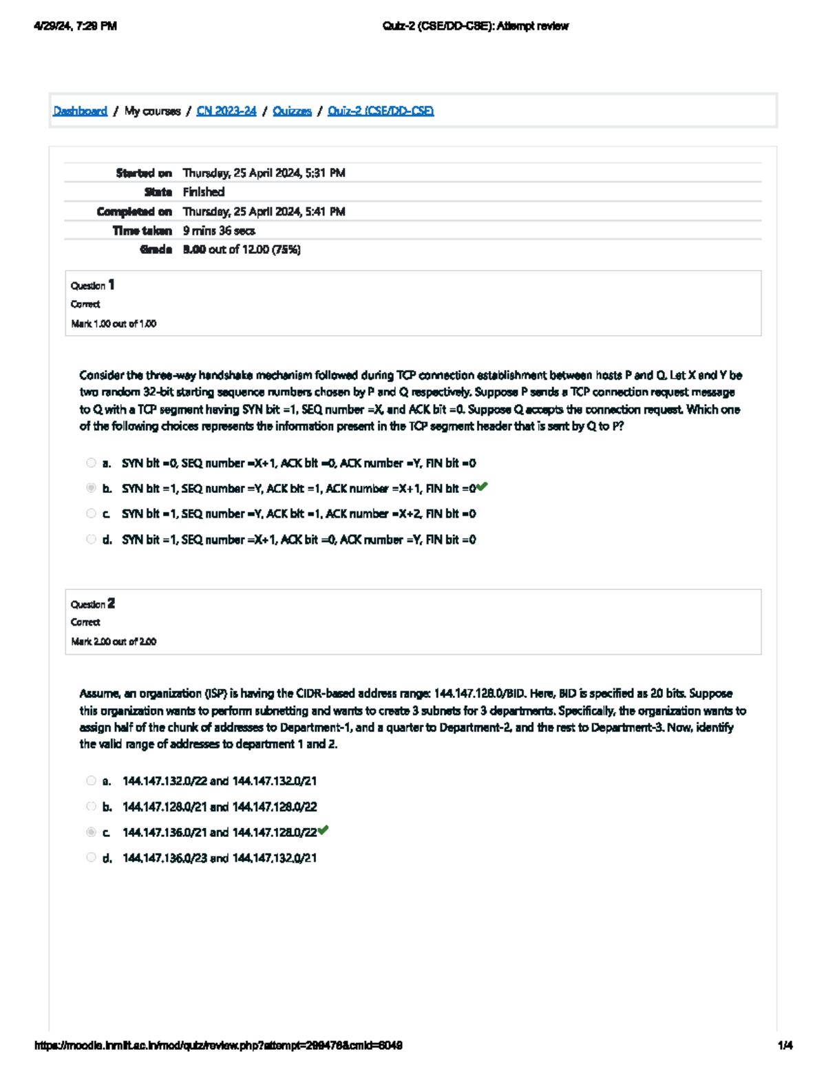 Cn quiz 2 - quiz for cn - Network Security - Studocu