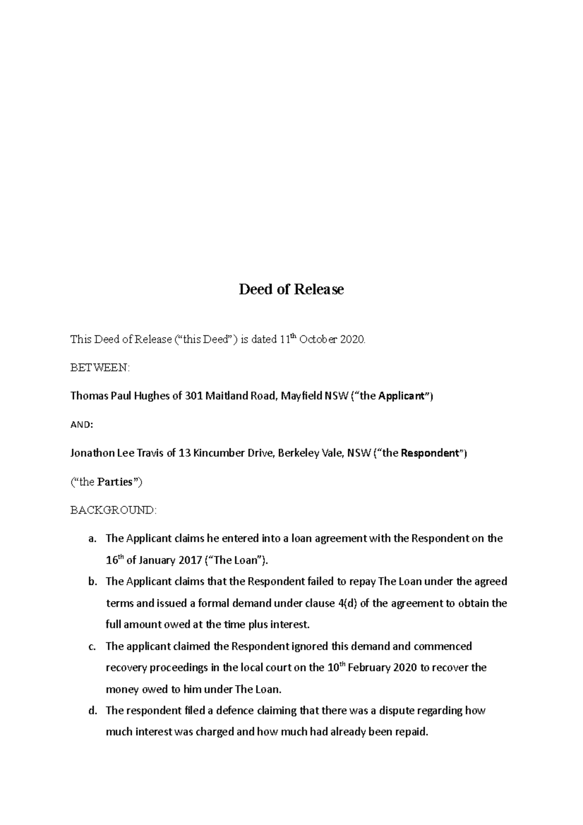 Deed of release assignment 3 prac complete - Deed of Release This Deed ...