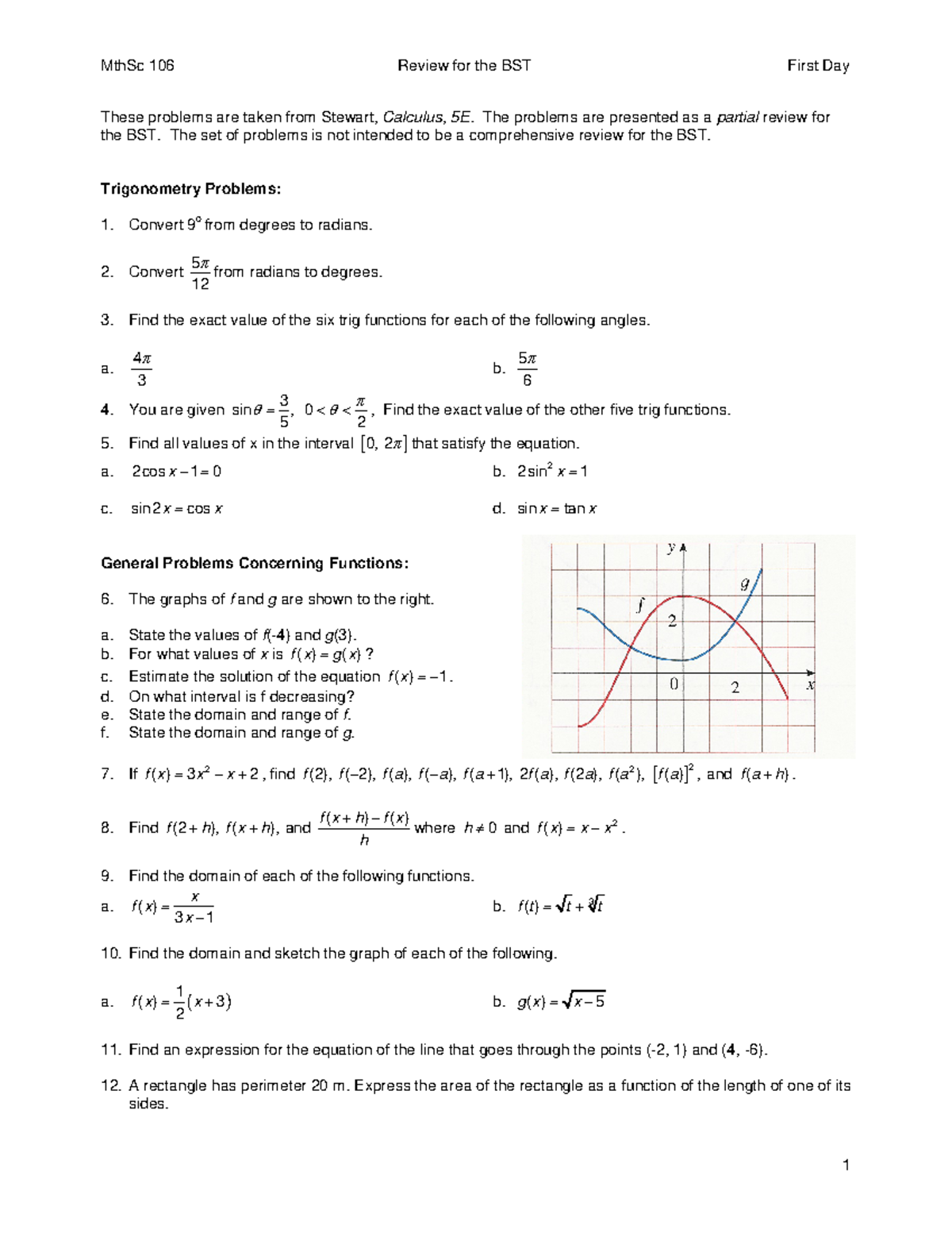 Precalculus Review - MthSc 106 Review for the BST First Day 1 These ...