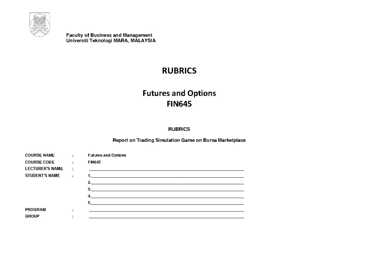 FIN645 Trading Report (IN Group)- Rubric (30%) - Faculty of Business ...