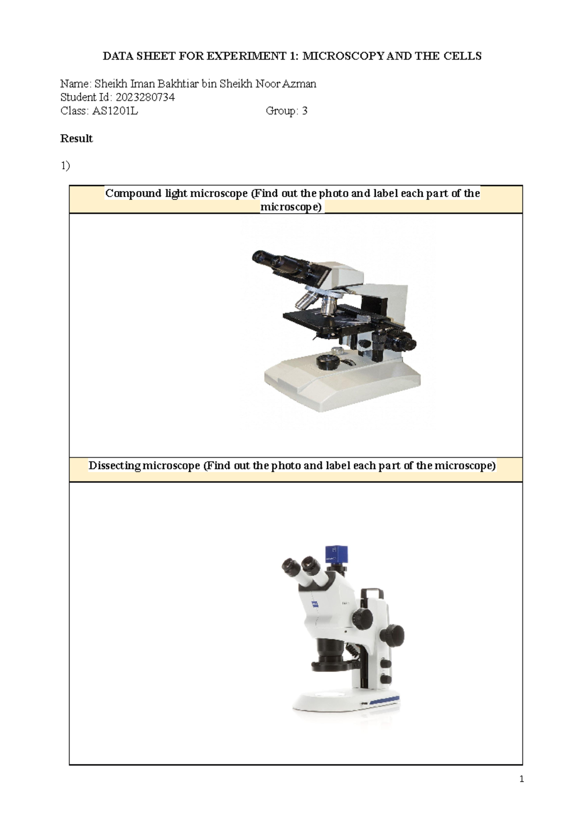 2.1 DATA Sheet FOR Experiment 1- Microscopy AND THE Cells (FOR Students ...