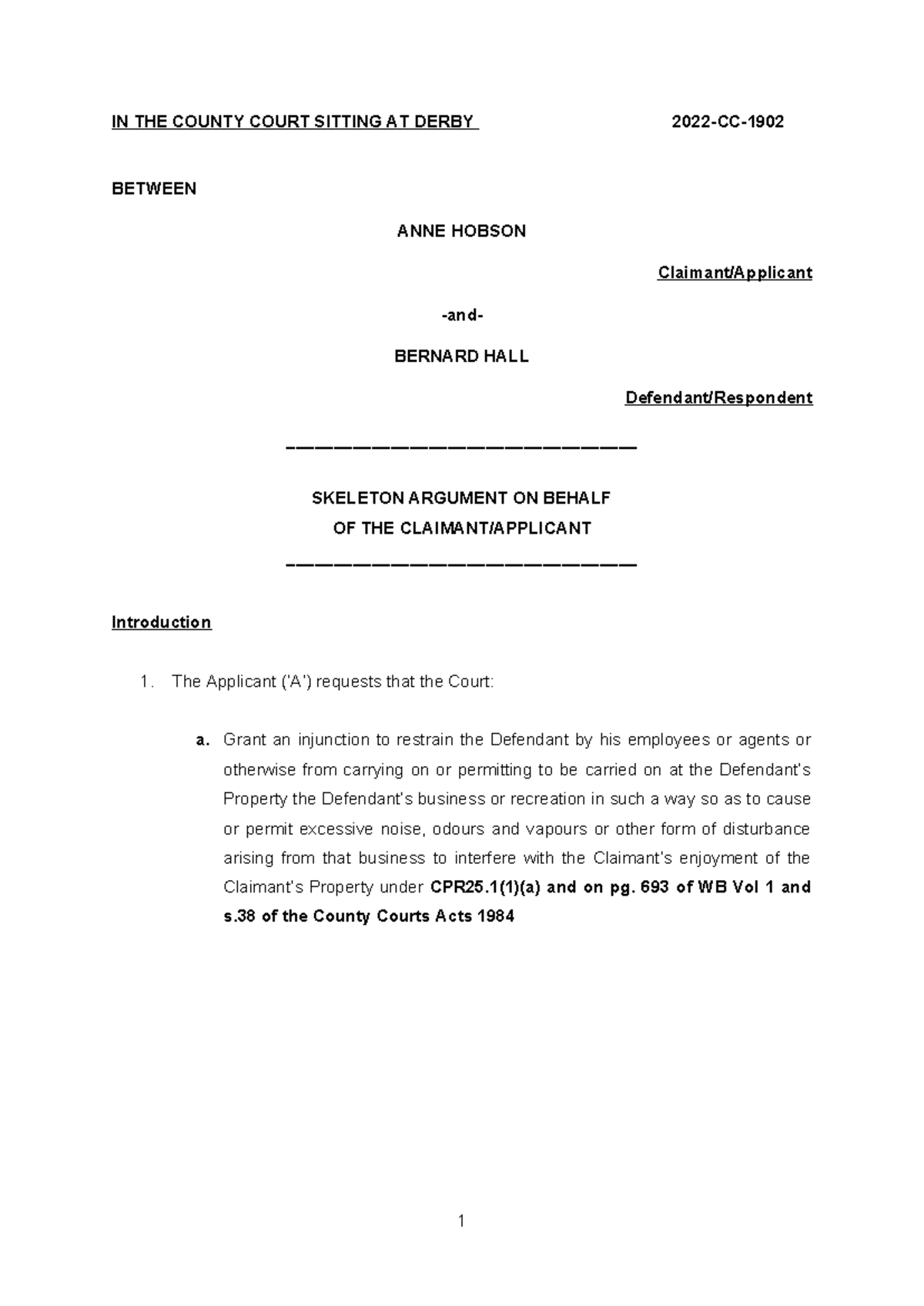 ANNE Hobson CASE Skeleton Argument - IN THE COUNTY COURT SITTING AT ...