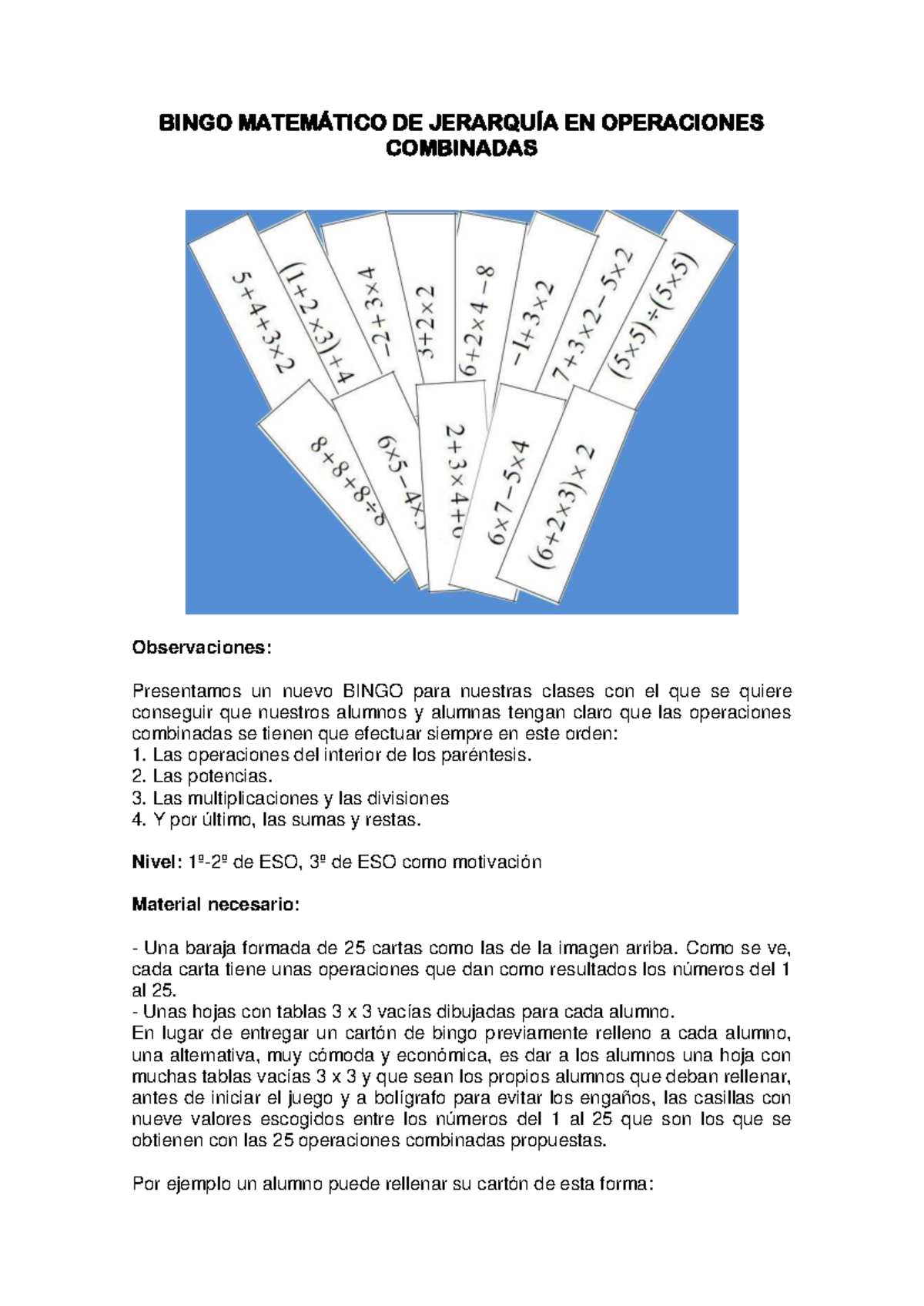 Bingo jerarquia de las operaciones matemáticas - BINGO MATEMÁTICO DE ...