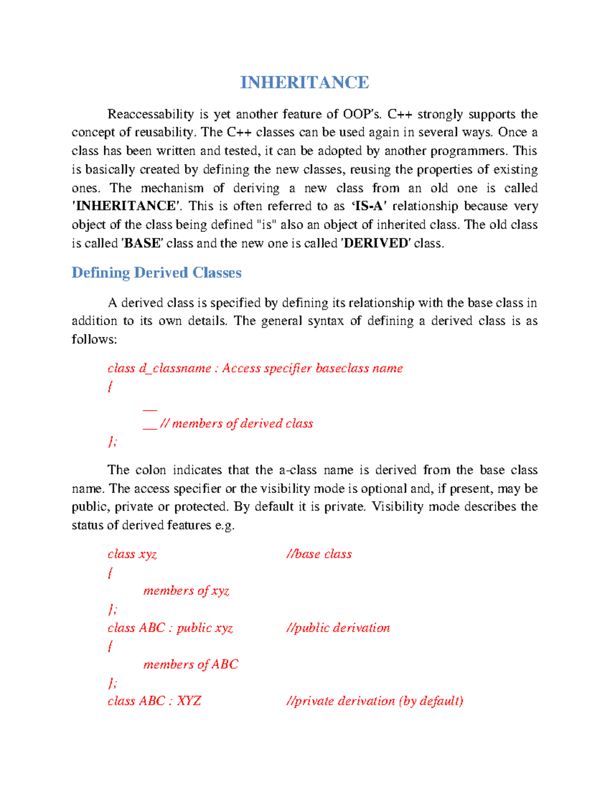 Inheritance - It's a lecture note - INHERITANCE Reaccessability is yet ...