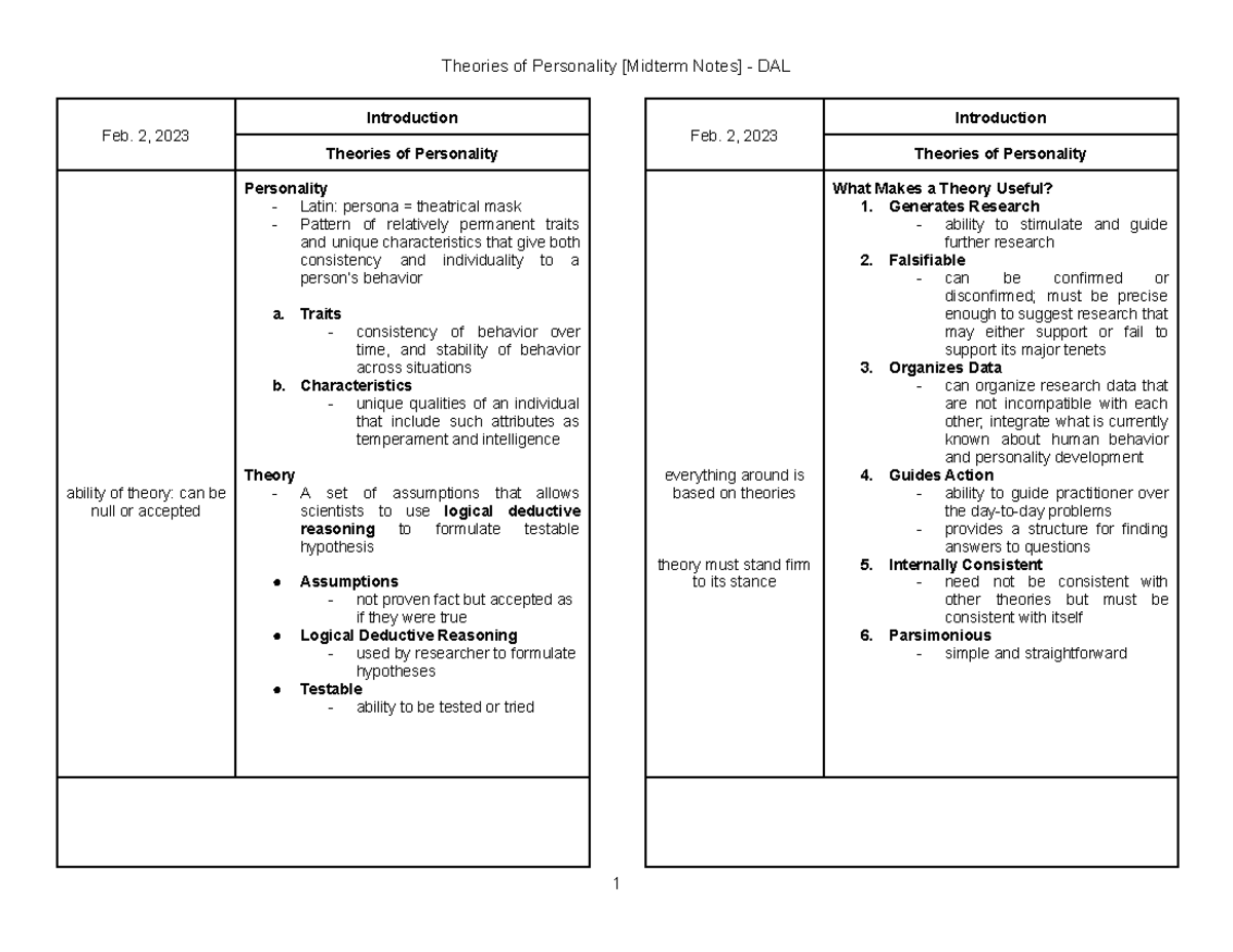PSY 7 Midterm Notes TOP - Theories of Personality [Midterm Notes] - DAL ...