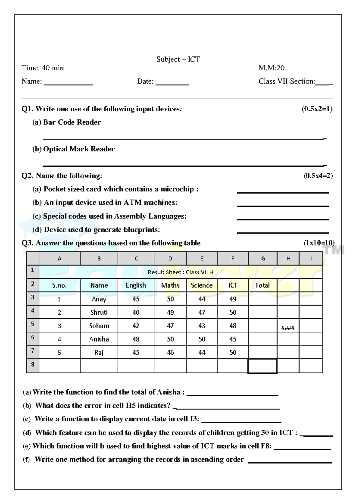 Computer Sample Paper 3 - Subject – ICT Time: 40 min M: Name: Date ...