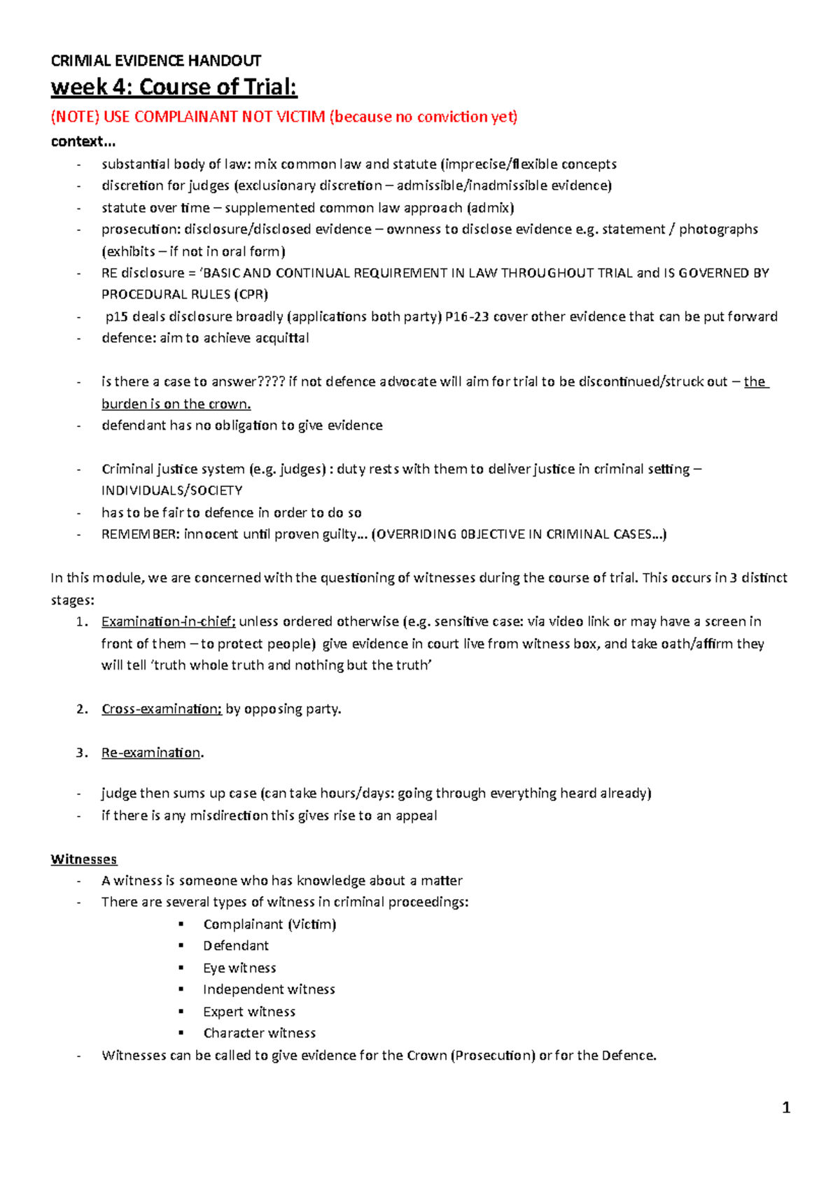 Week 4 Course of Trial Handout - week 4: Course of Trial: (NOTE) USE ...