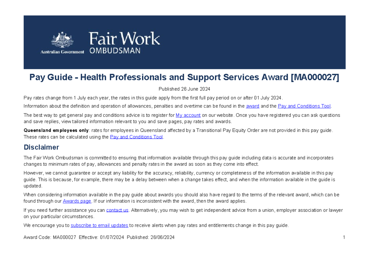 Payguides MA000027 - 1 July 2024 - Pay Guide - Health Professionals and ...