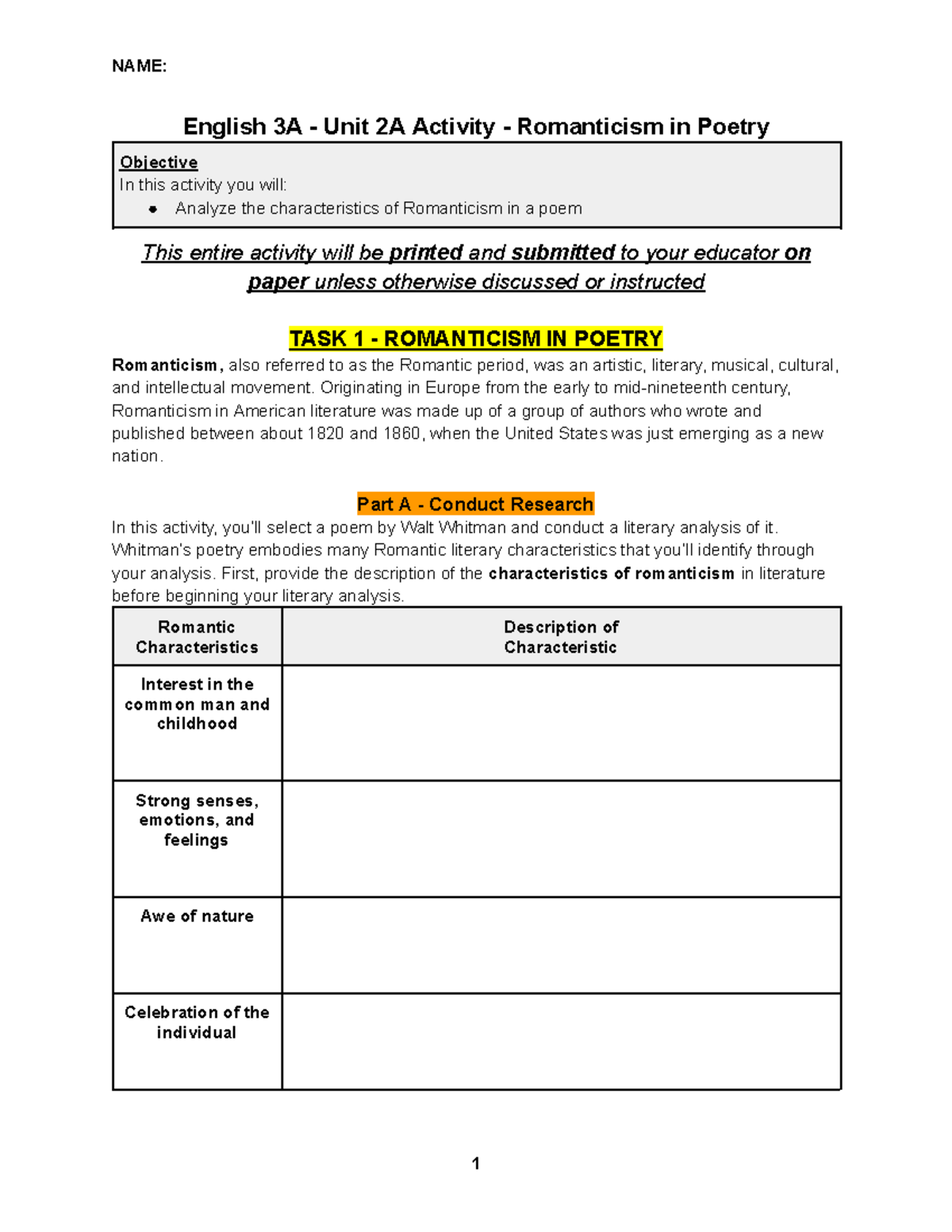 English 3A - Unit 2A Activity - Romanticism in Poetry - NAME: English ...
