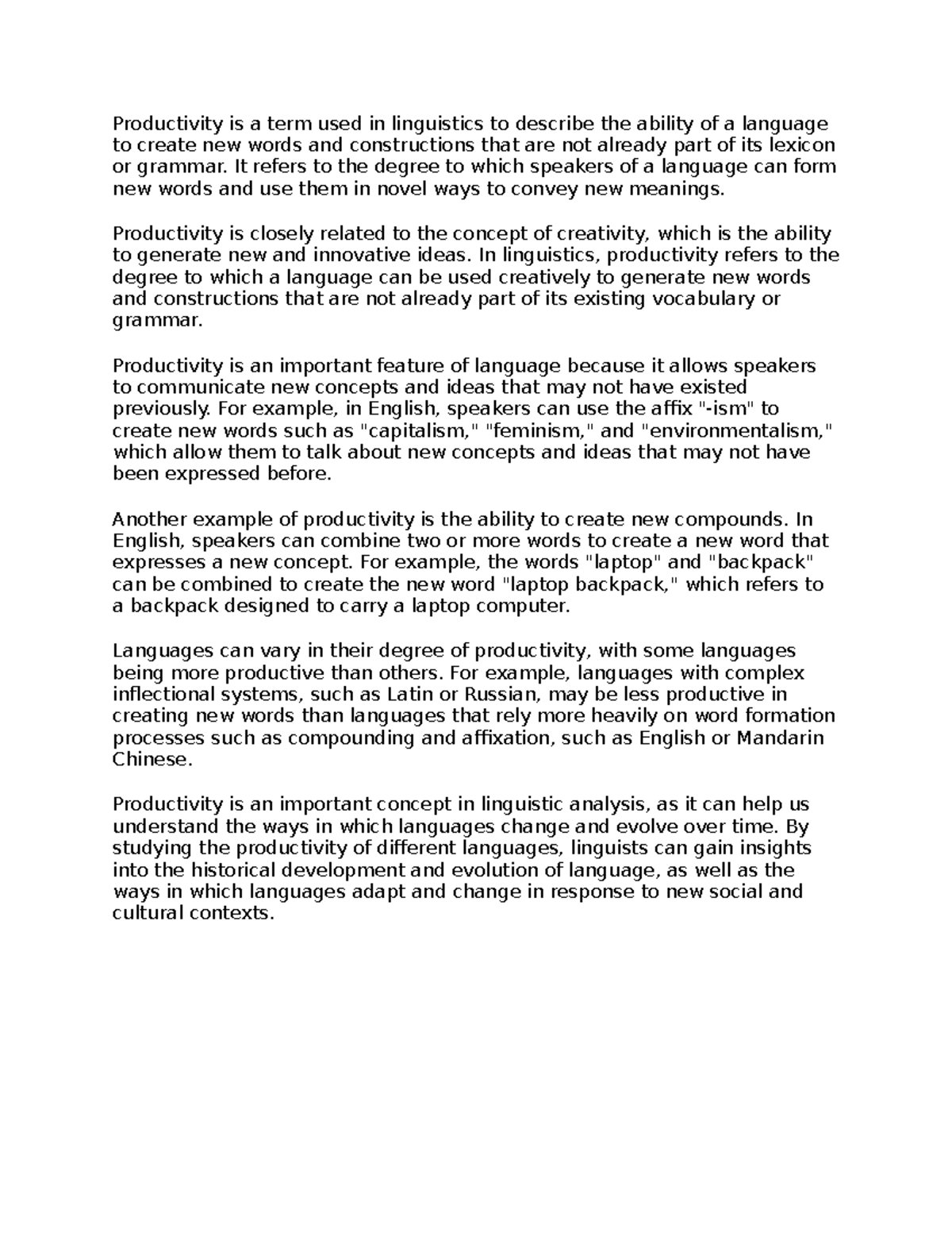 Productivity Lecture - Productivity is a term used in linguistics to ...