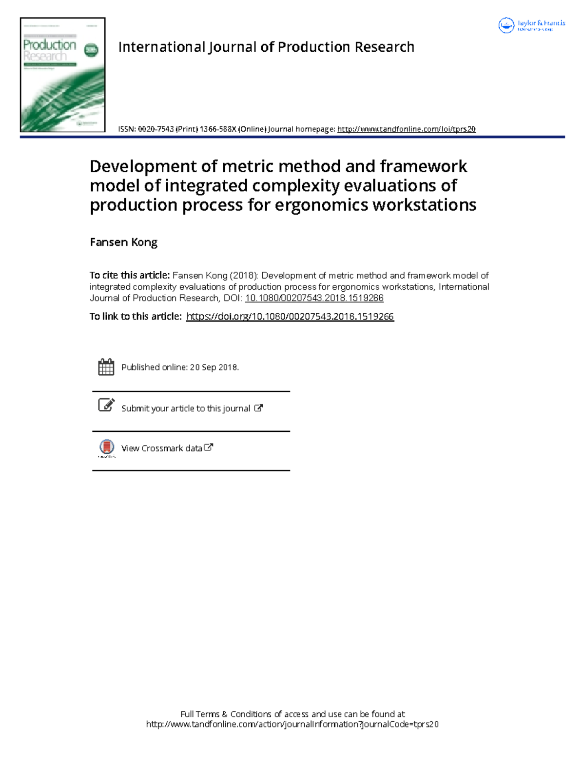 Development of metric method and framework - 1080/00207543. To link to ...