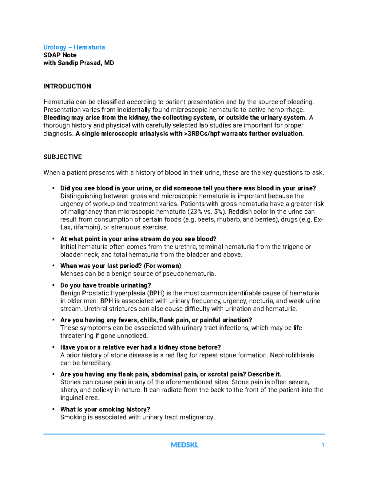 Urology - Hematuria - SOAP Note - Sandip Prasad - Urology – Hematuria ...
