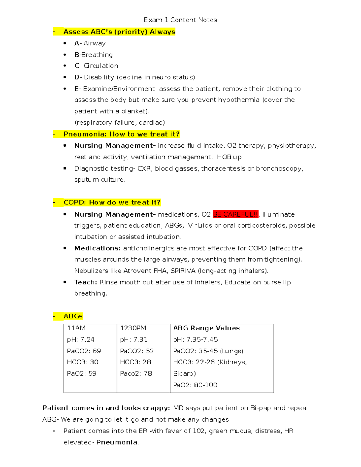 Exam 1 Content Notes - Exam 1 Content Notes Assess ABC’s (priority ...