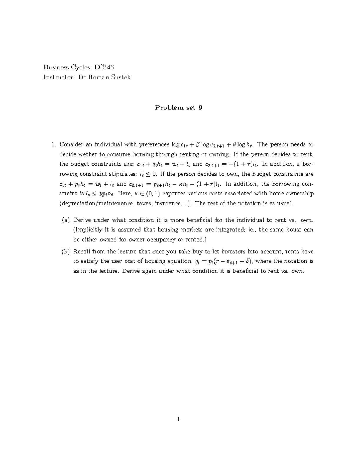 Tutorial 9 Questions - Business Cycles, EC Instructor: Dr Roman Sustek Problem set 9 Consider an ...