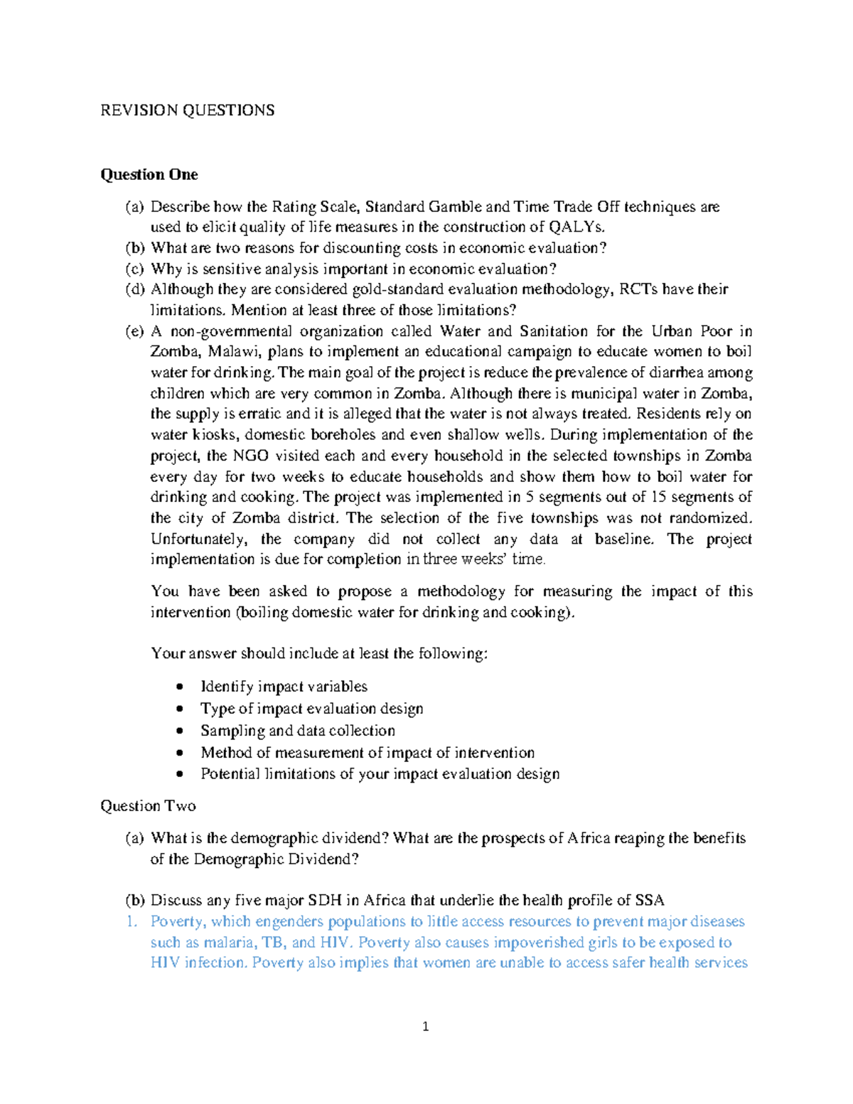 Revision Questions for Health - REVISION QUESTIONS Question One (a ...