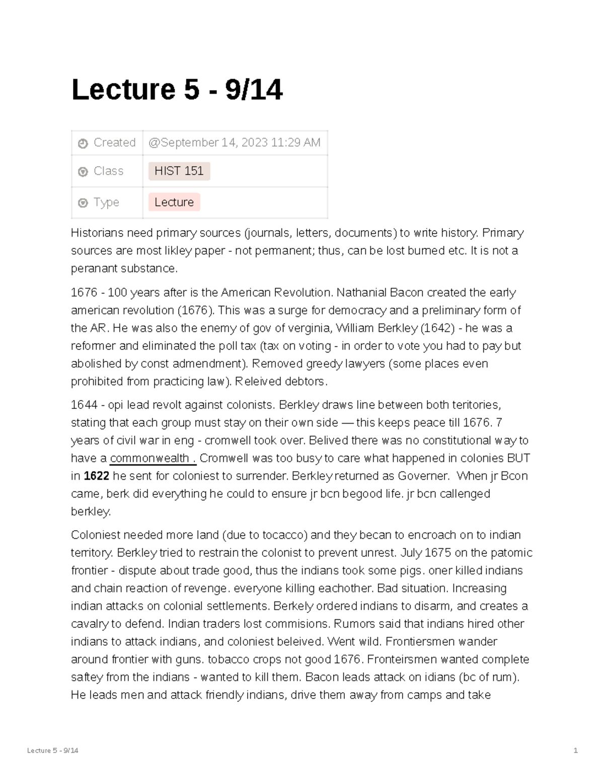Lec5 - lecture - Lecture 5 - 9/ Created Class HIST 151 Type Lecture Historians need primary ...