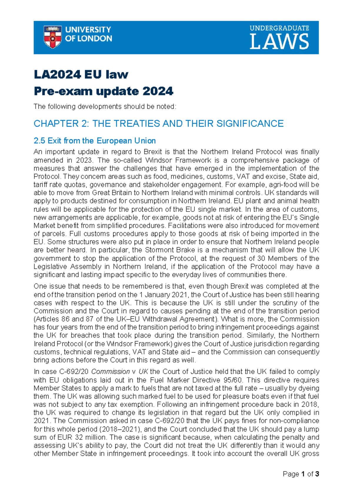 EU law Pre-exam update 2024 - Page 1 of 3 LA2024 EU law Pre-exam update 2024 The following - Studocu