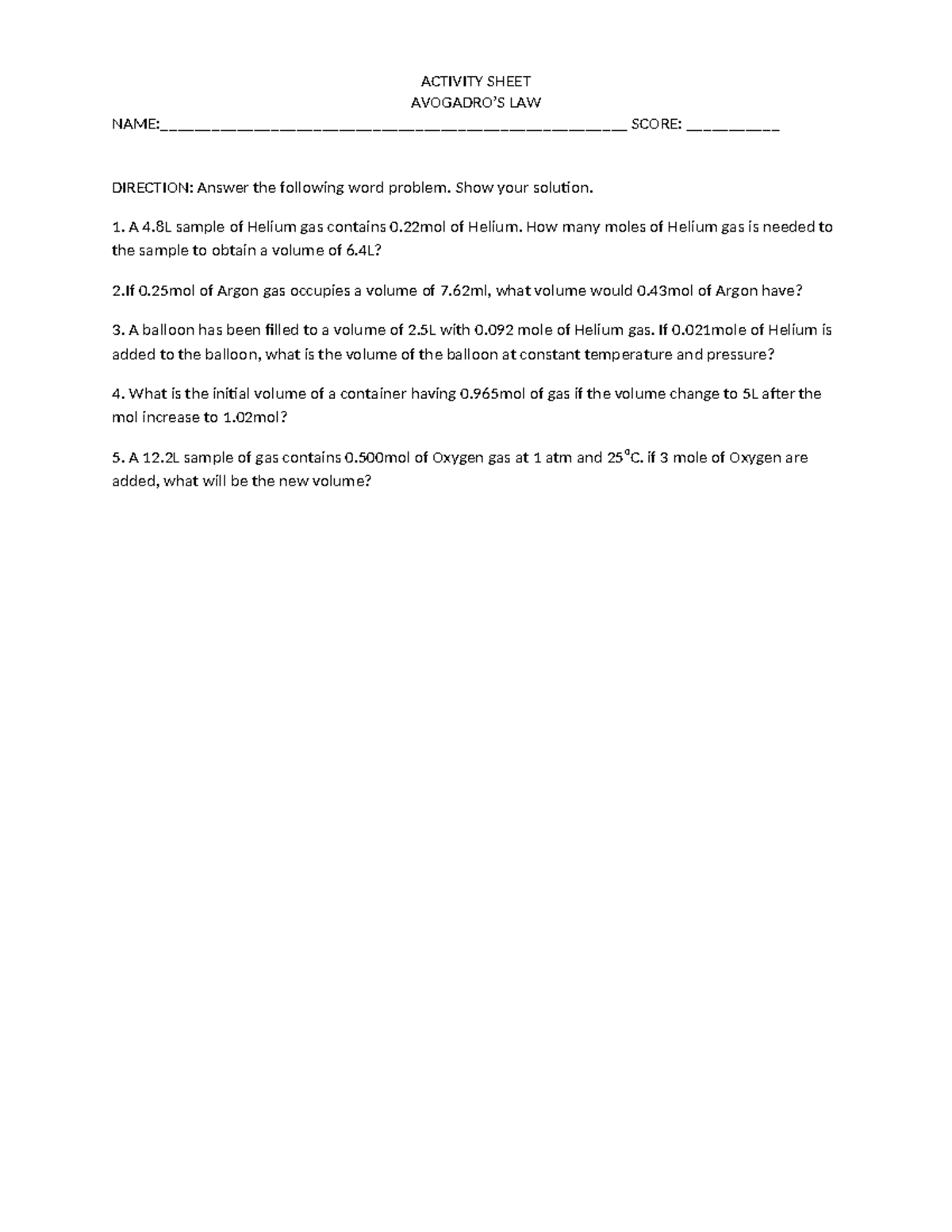 avogadros law activity sheet - ACTIVITY SHEET AVOGADRO’S LAW - Studocu