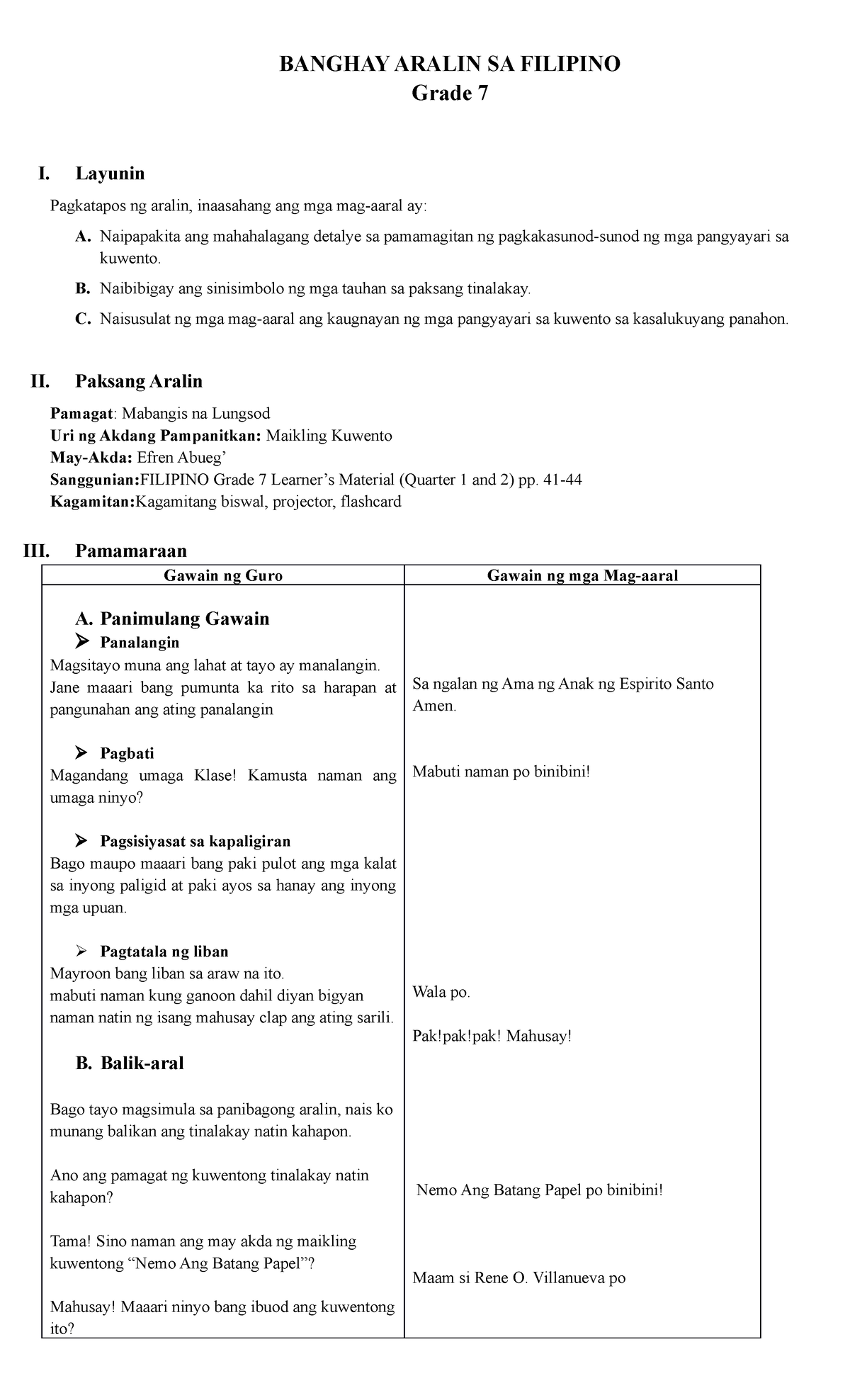 Banghay Aralin SA Filipino final - BANGHAY ARALIN SA FILIPINO Grade 7 I ...